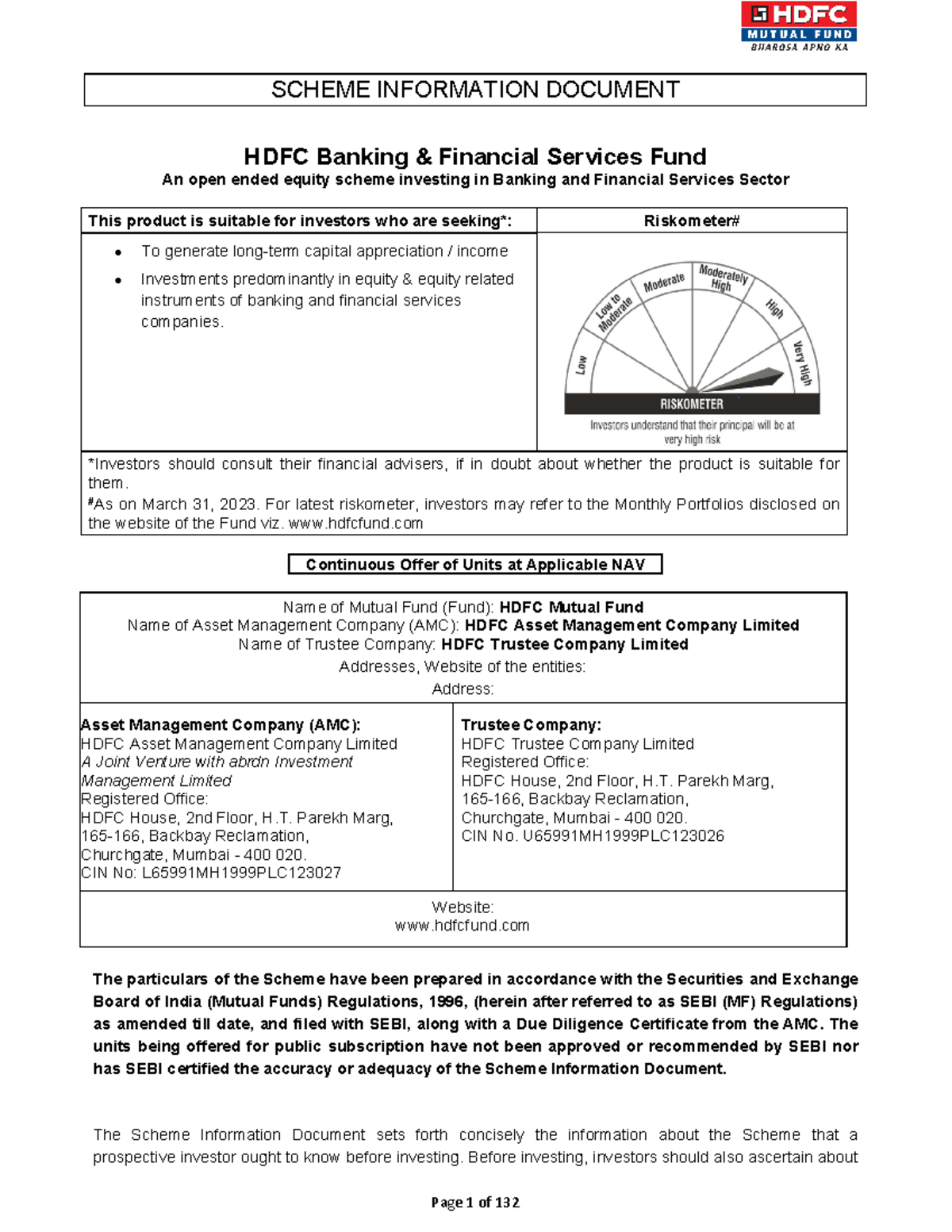 SID-HDFC Banking & Financial Services Fund dated April 28, 2023 ...