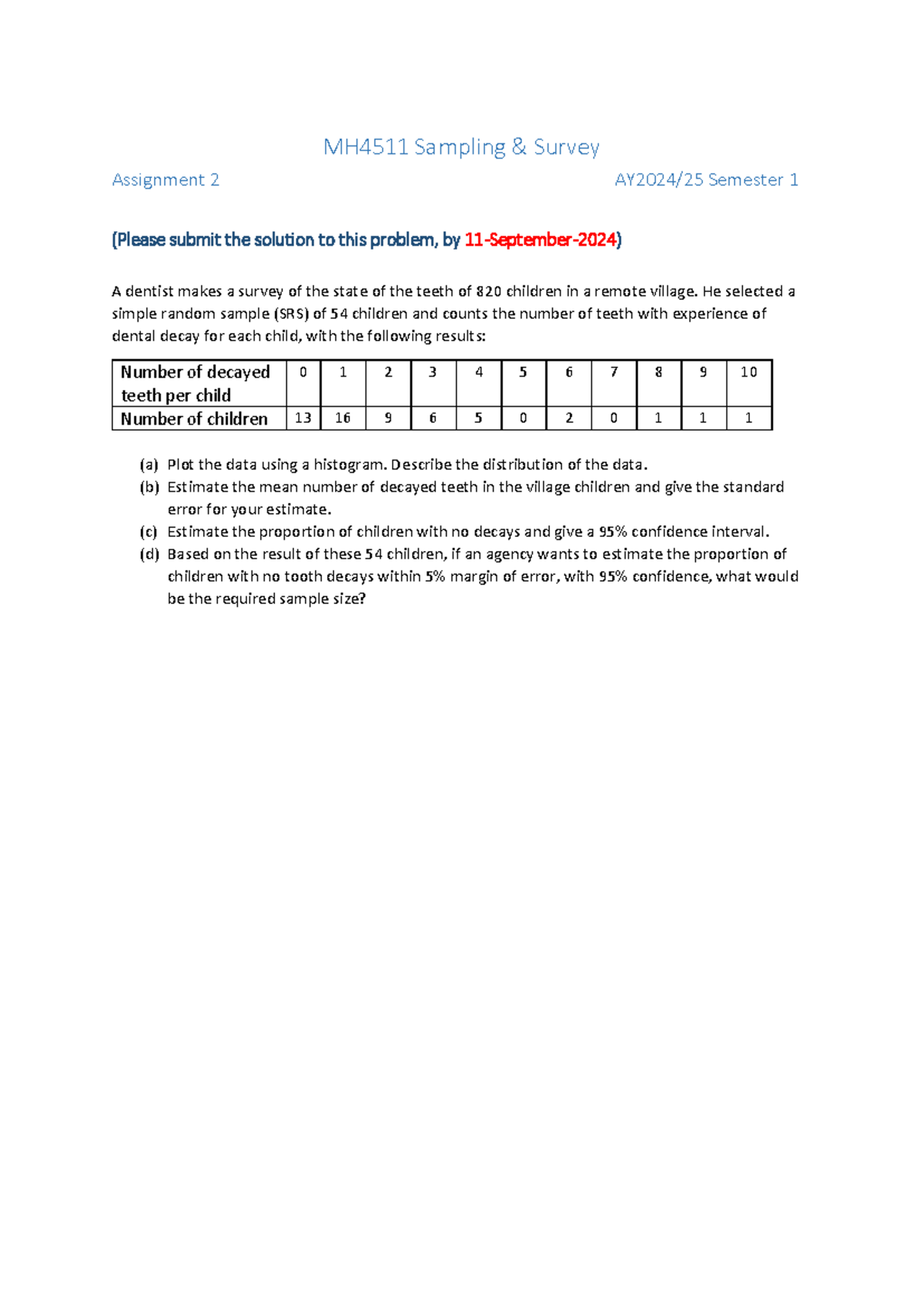 Assignment 02 - MH4511 Sampling & Survey Assignment 2 AY2024/25 Semester 1 (Please submit the ...