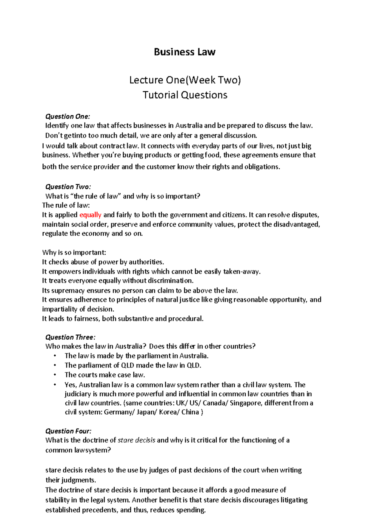 BL Tutorial One Questions - Business Law Lecture One(Week Two) Tutorial ...