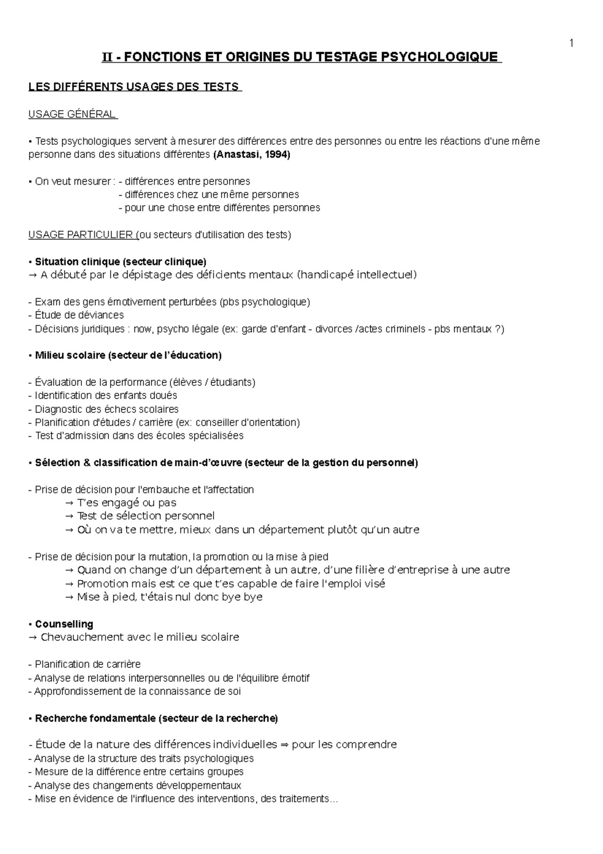 Psychométrie 2 - notes de cours - II - FONCTIONS ET ORIGINES DU TESTAGE ...