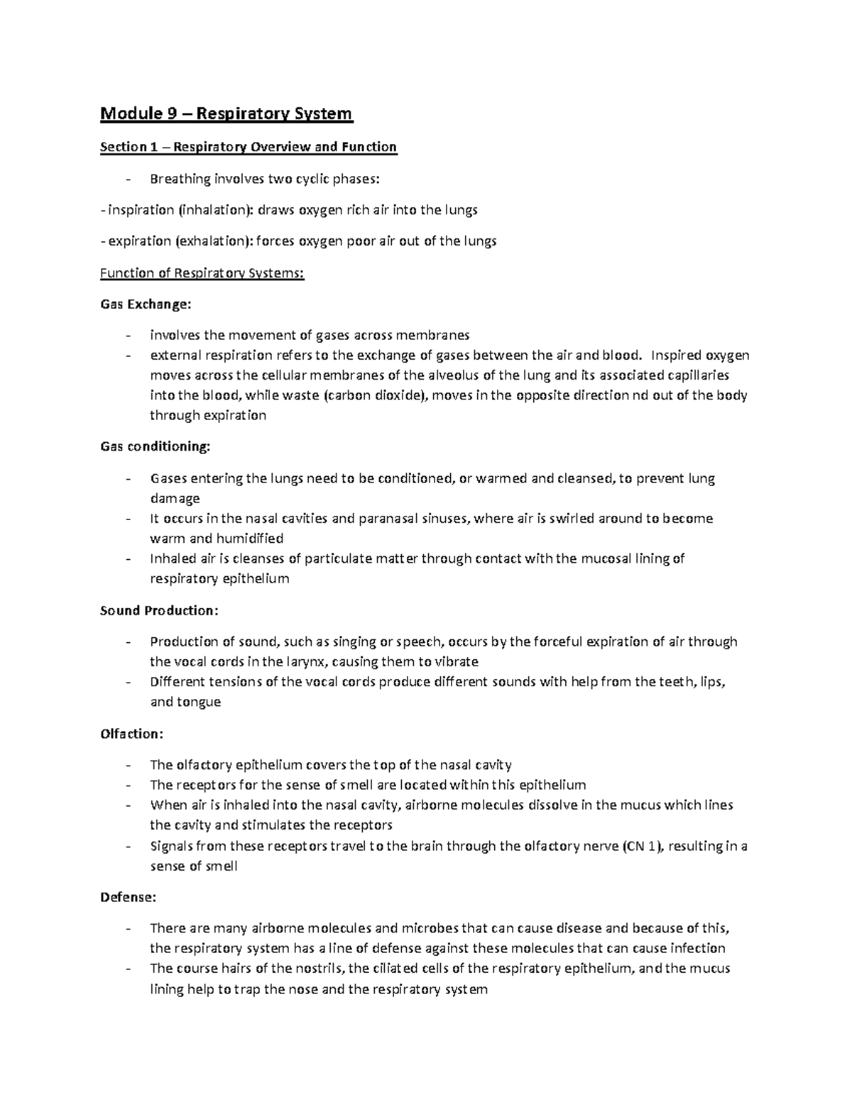 Anatomy Module 9 and 10 notes - Module 9 – Respiratory System Section 1 ...