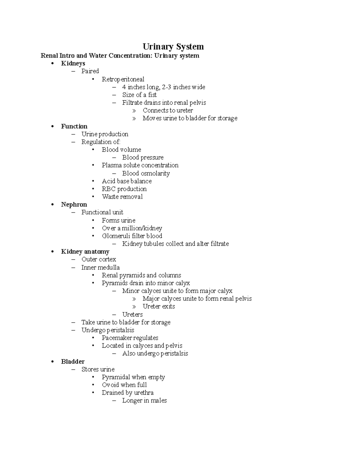 Urinary System - Lecture notes 1 - Urinary System Renal Intro and Water ...