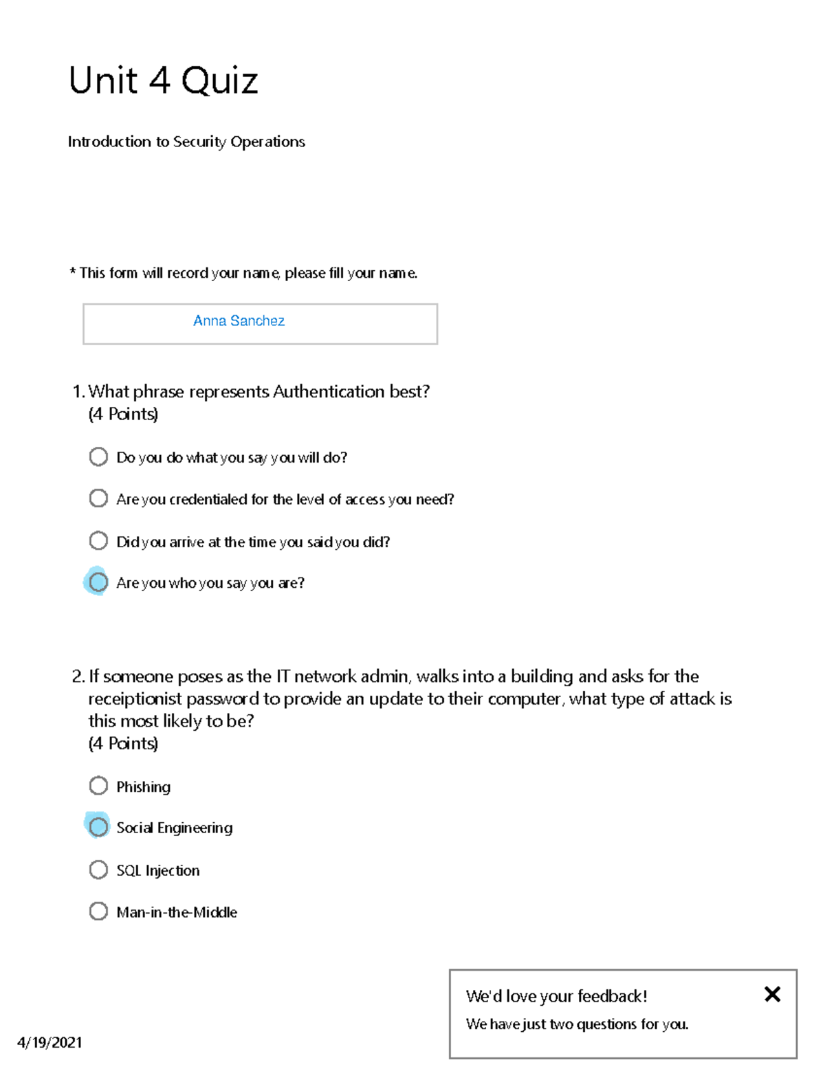 Unit 4 Quiz with answers - Unit 4 Quiz Introduction to Security ...
