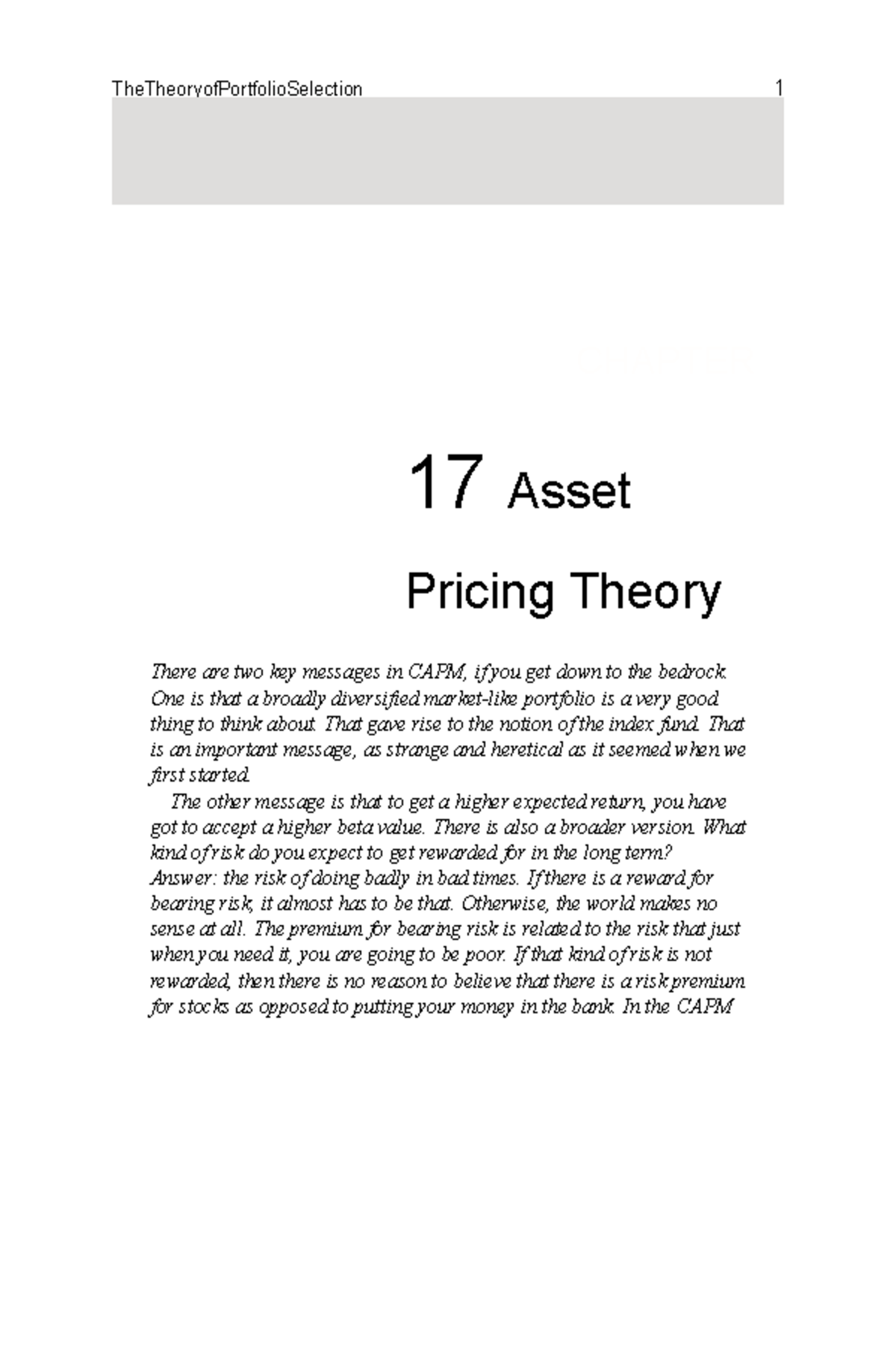 Chapter 17 Asset Pricing Theory - ####### TheTheoryofPortfolioSelection ...