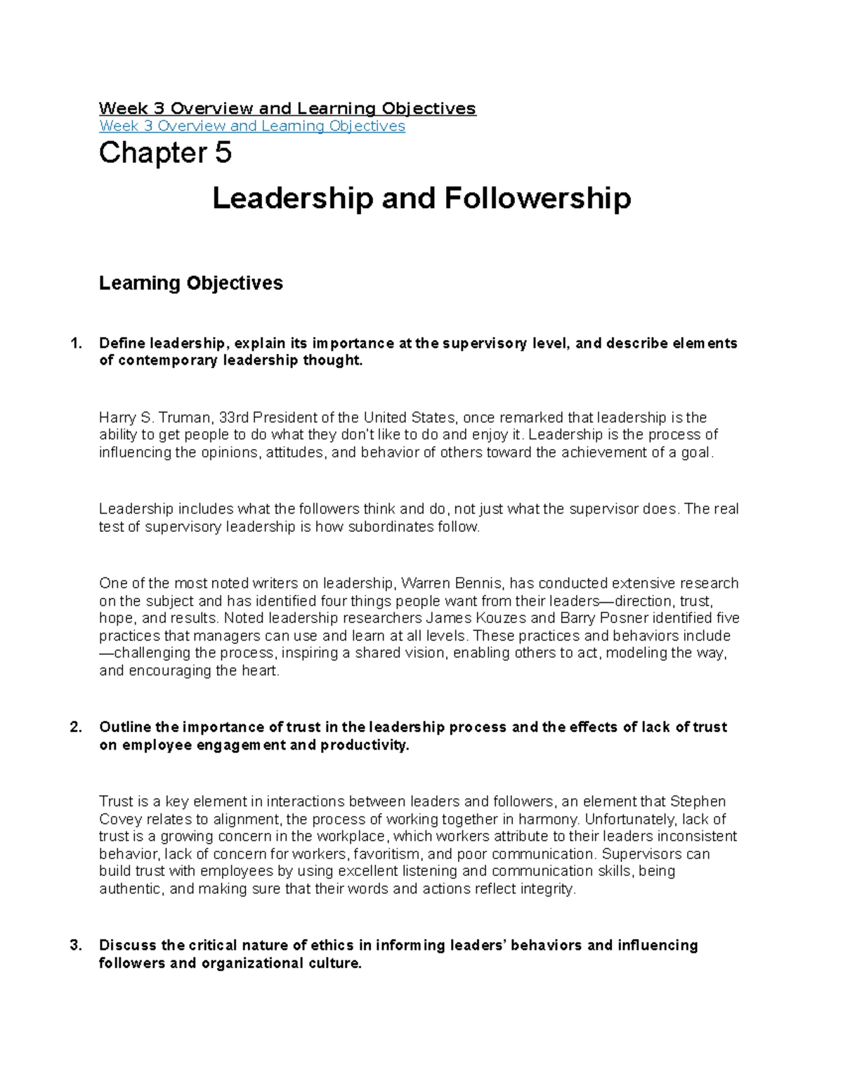 Week 3 Overview and Learning Objectives - Leadership and Followership ...