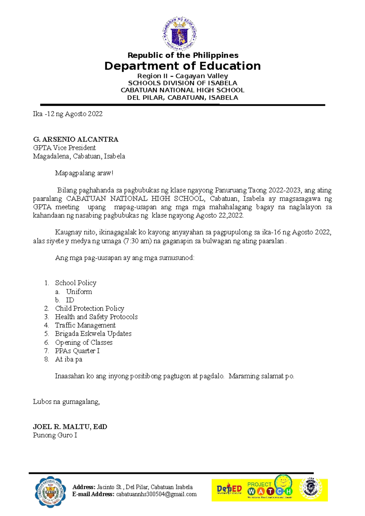 Watch letter - Department of Education Region II – Cagayan Valley ...