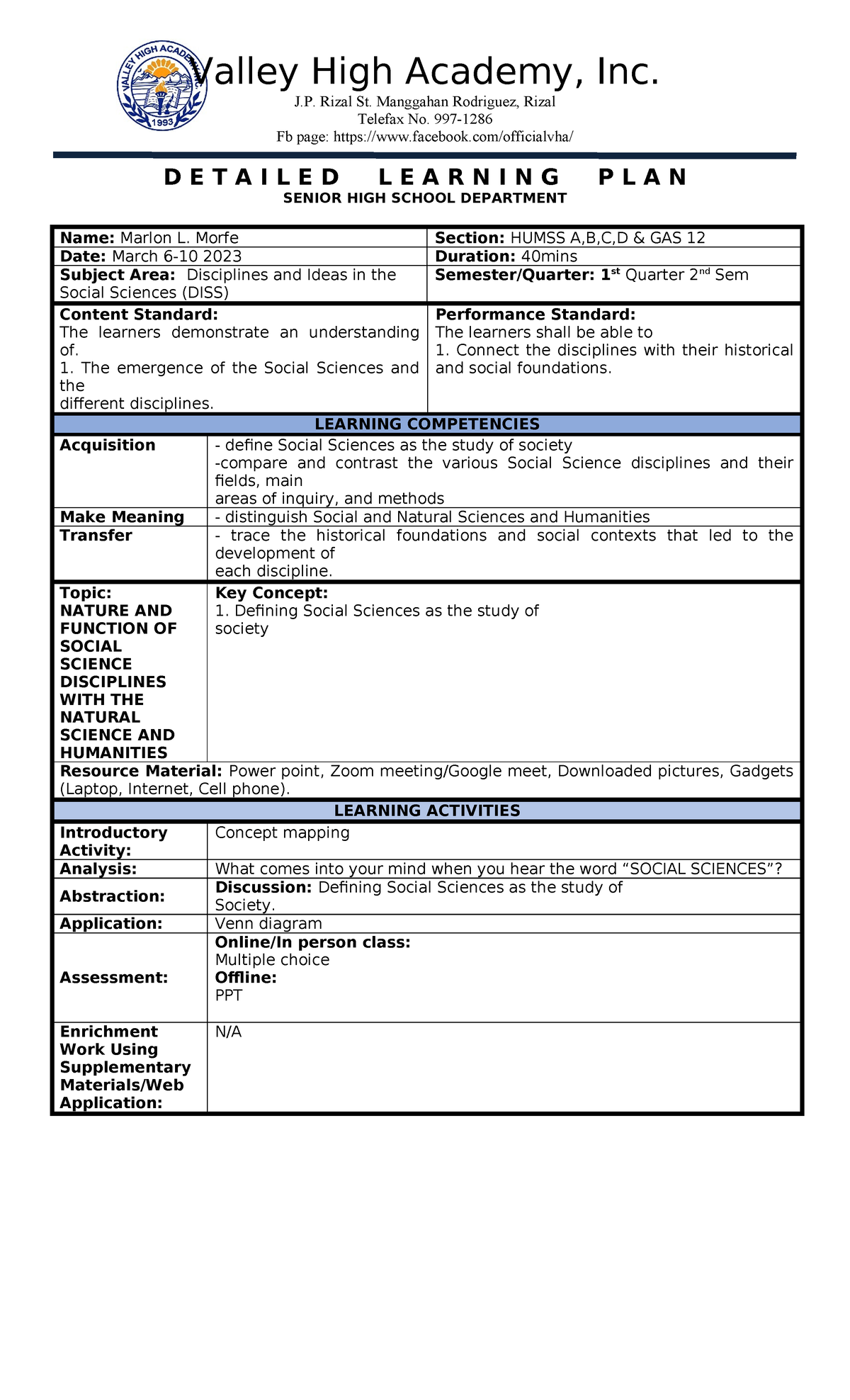 DISS DAILY LESSON PLAN - Valley High Academy, Inc. J. Rizal St ...