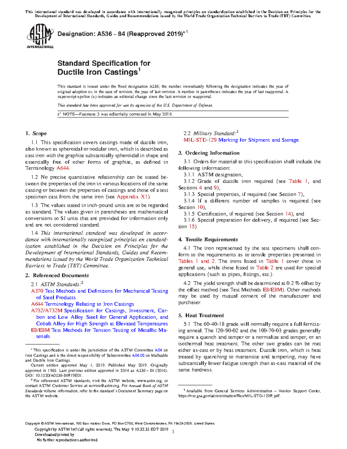 ASTM A536 - 84 (2019 ) Standard Speciﬁcation for Ductile Iron Castings ...