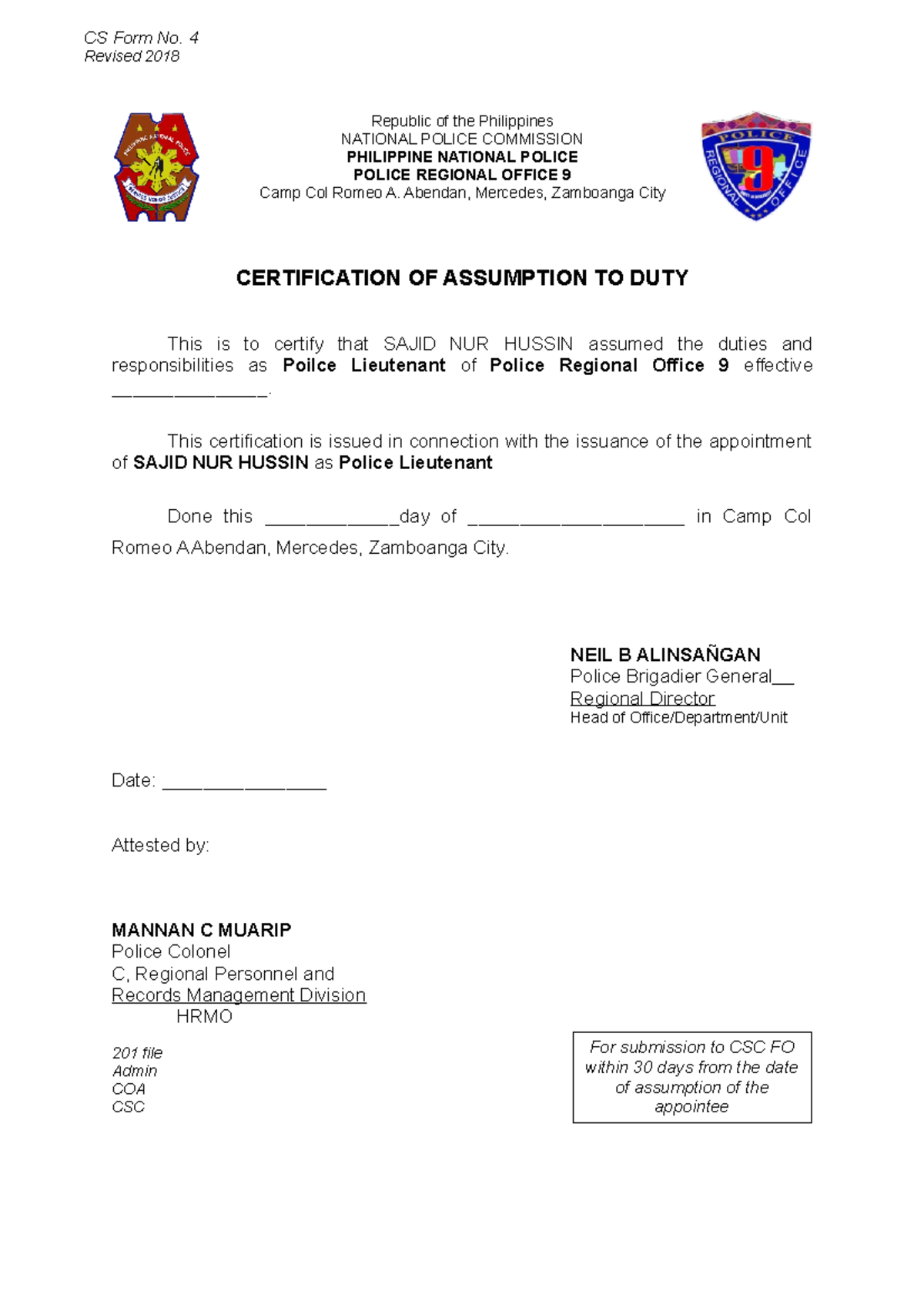 Sample Assumption 1 - IT IS DETAILED - CS Form No. 4 Revised 2018 ...
