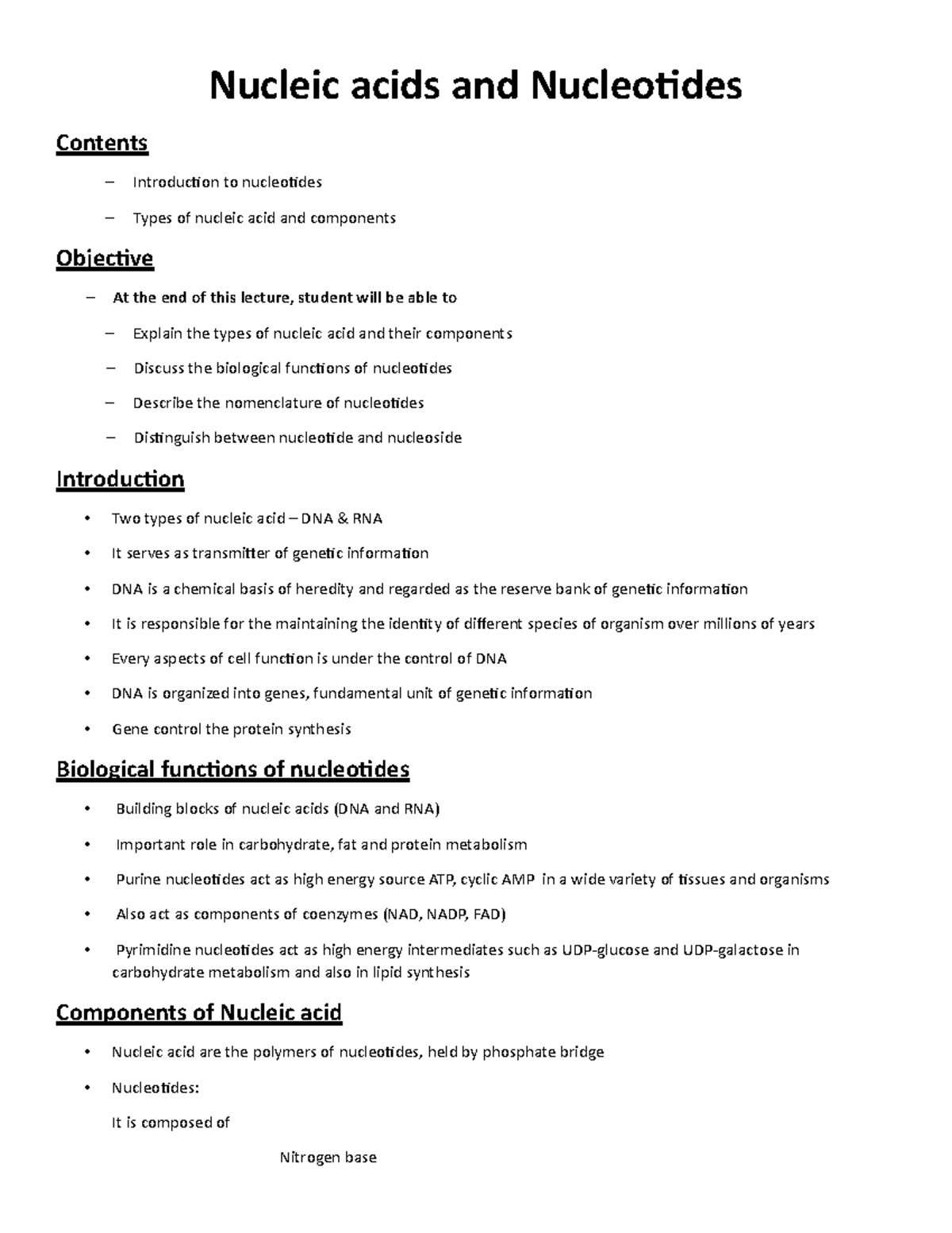 Sem 01 Pharmacy Nucleotides introduction - Contents Nucleic acids and ...