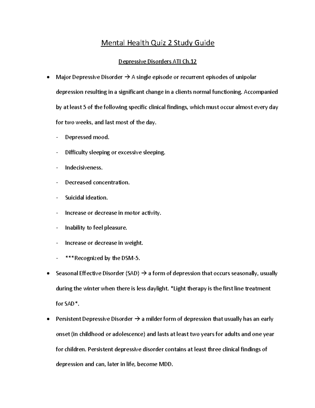 Mental Health Study Guide 2 Quiz - Mental Health Quiz 2 Study Guide ...