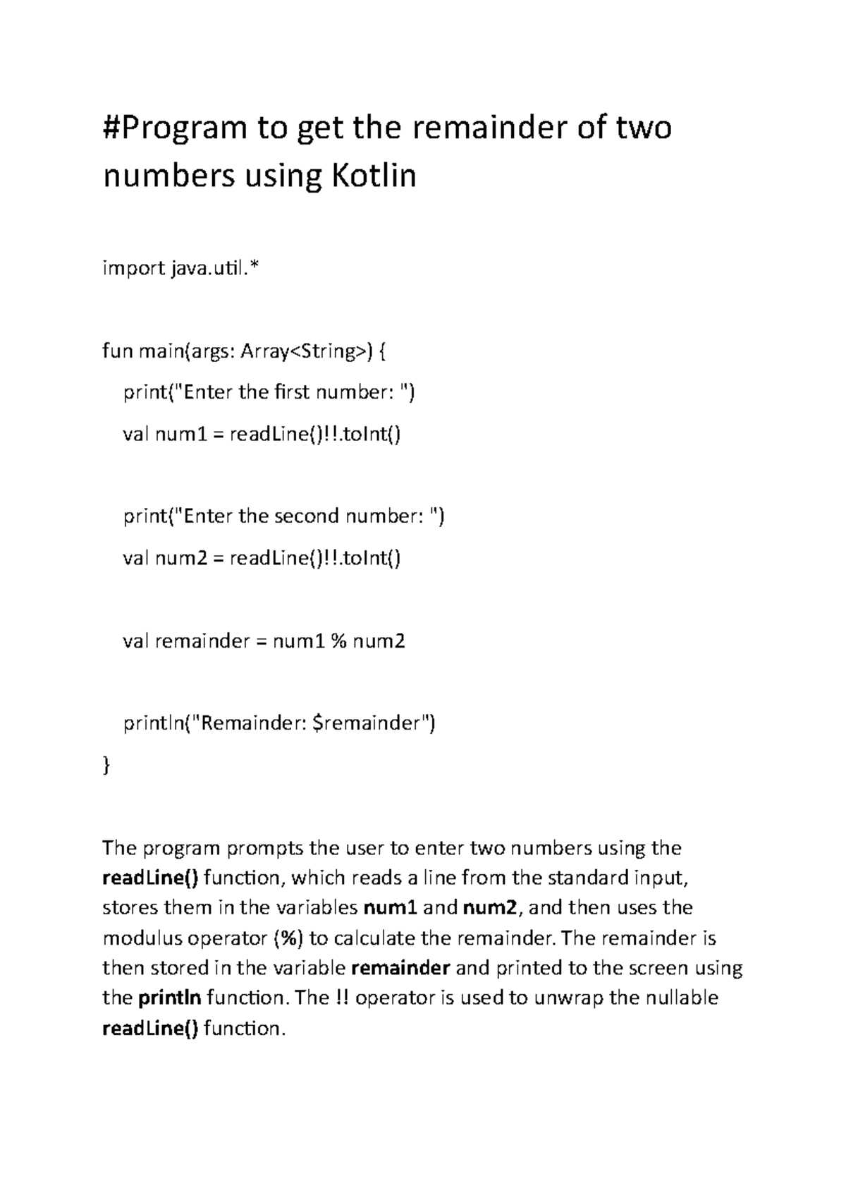 Remainder Of Two Numbers Kotlin Program To Get The Remainder Of Two Numbers Using Kotlin