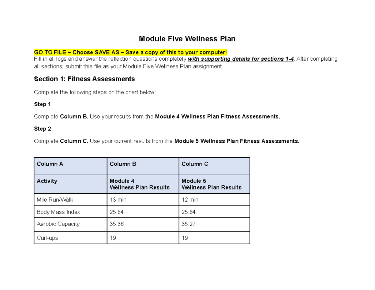 Module five wellness plan - Module Five Wellness Plan GO TO FILE ...