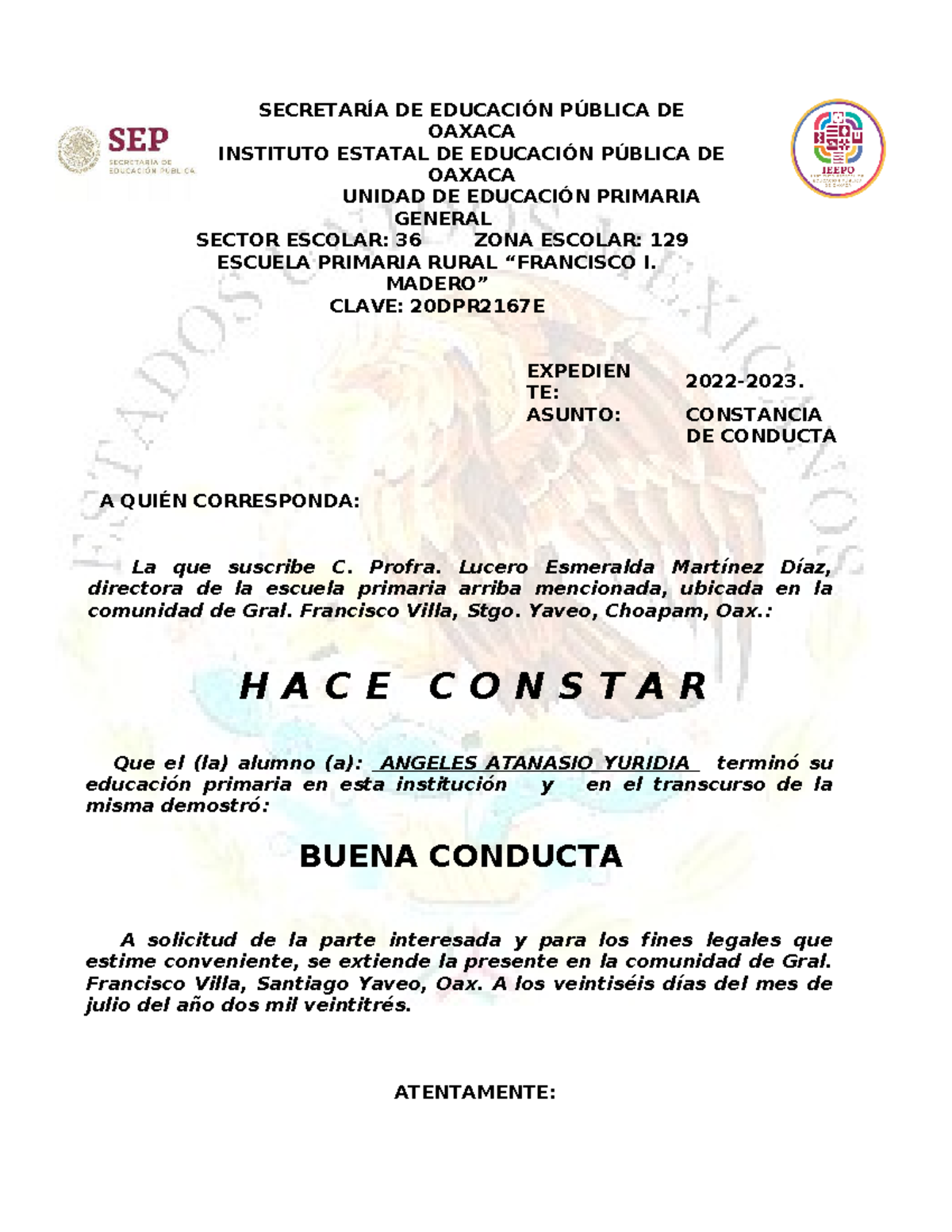 Carta De Buena Conducta De Primaria