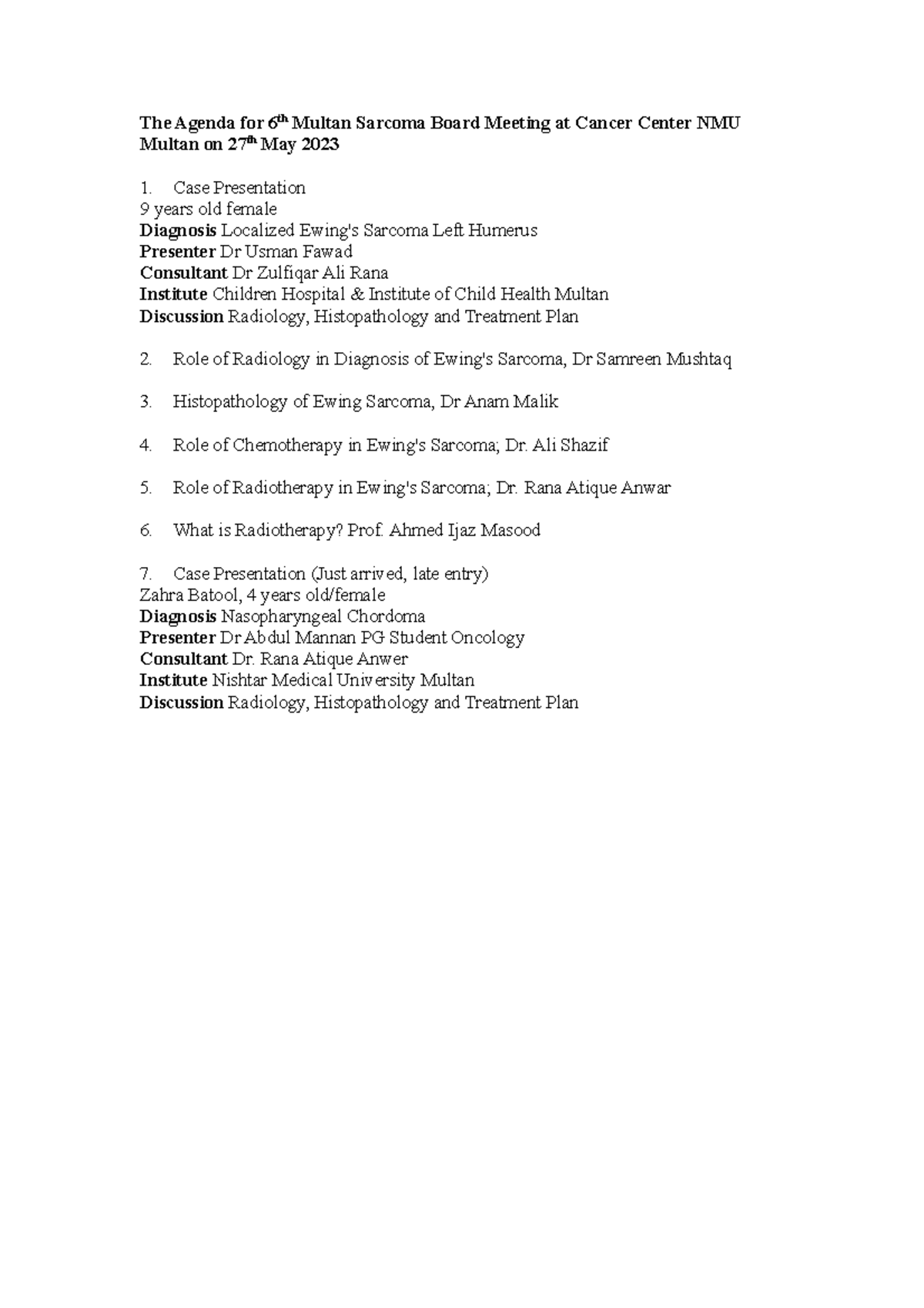 The Agenda for 6th Multan Sarcoma Board Meeting at Cancer Center Multan ...