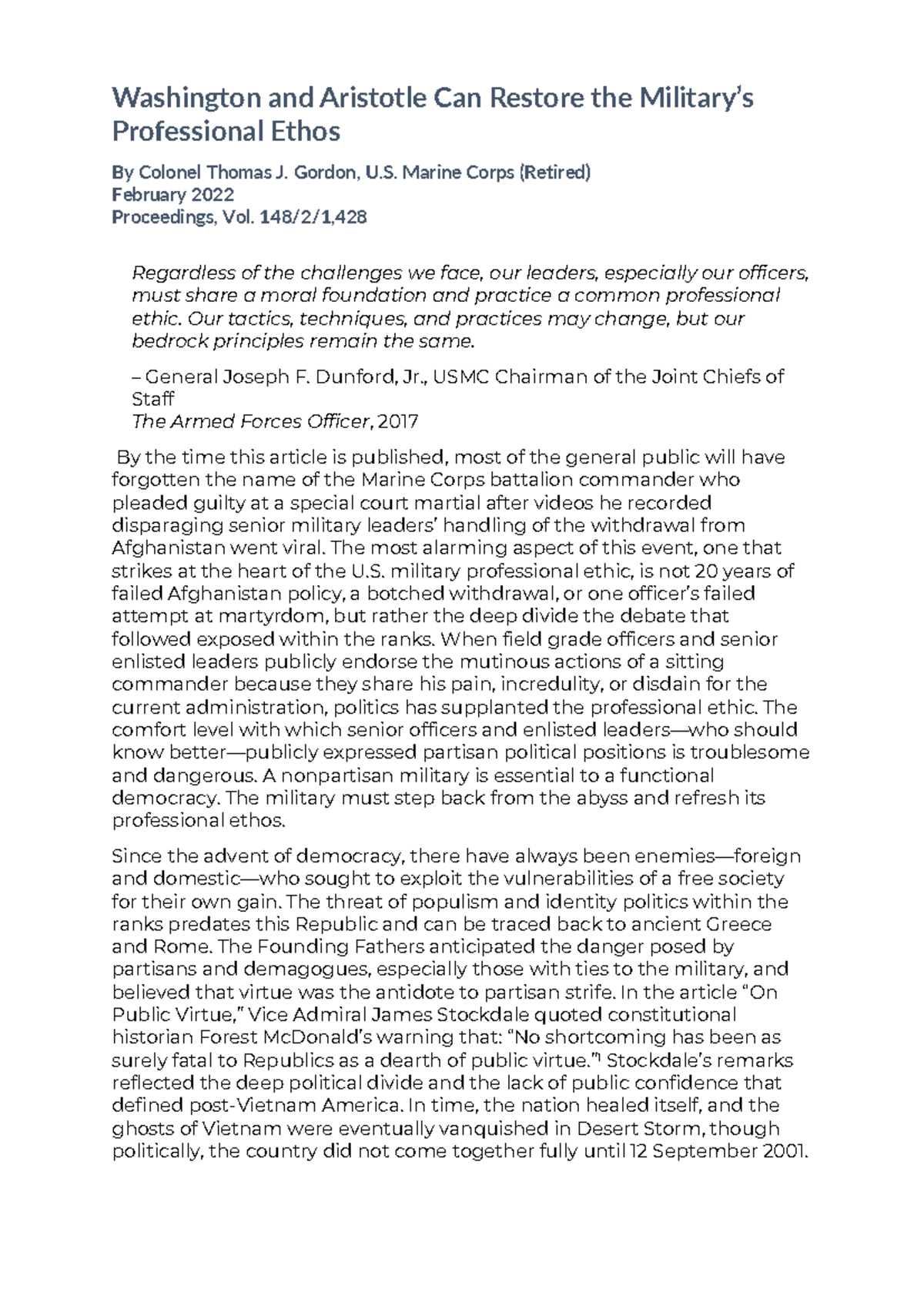 2022 - Restore the military's professional ethos - Washington and ...