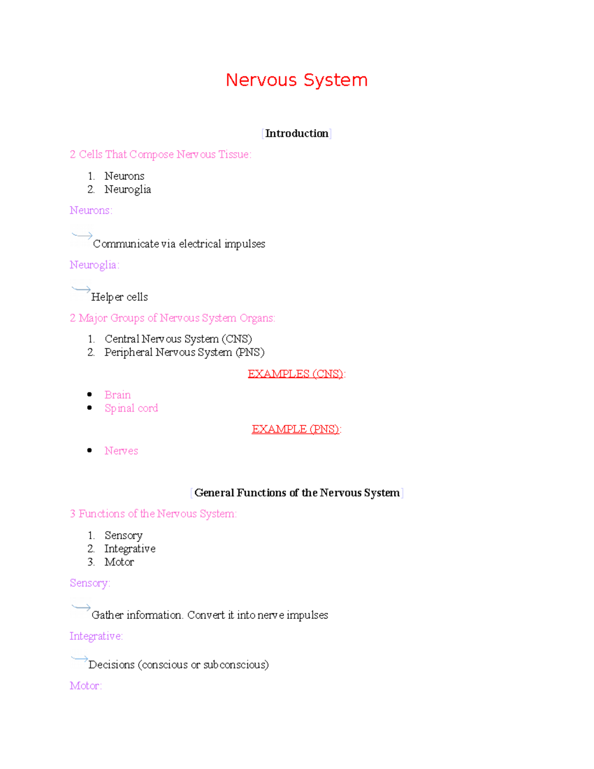 Nervous System Notes (class year: fall 2021) - Nervous System ...