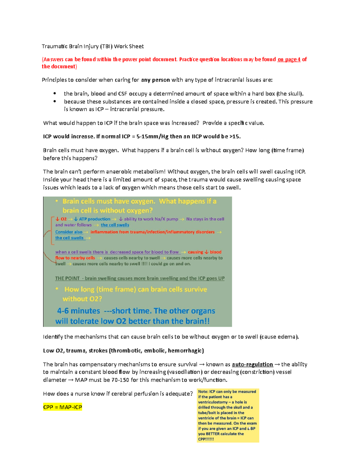 Traumatic Brain Injury Work Sheet - Traumatic Brain Injury (TBI) Work ...