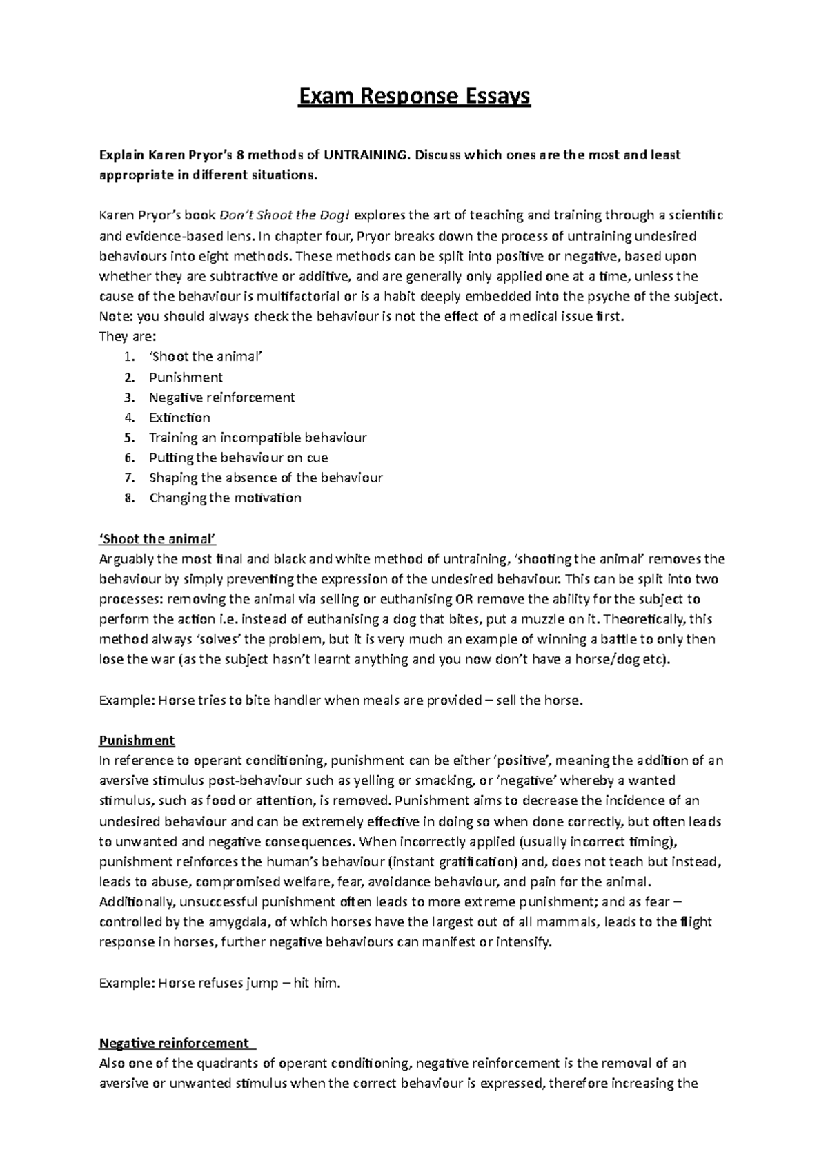 Exam Response Essays Prep - ANS361 - Equine Physiology and Behaviour ...