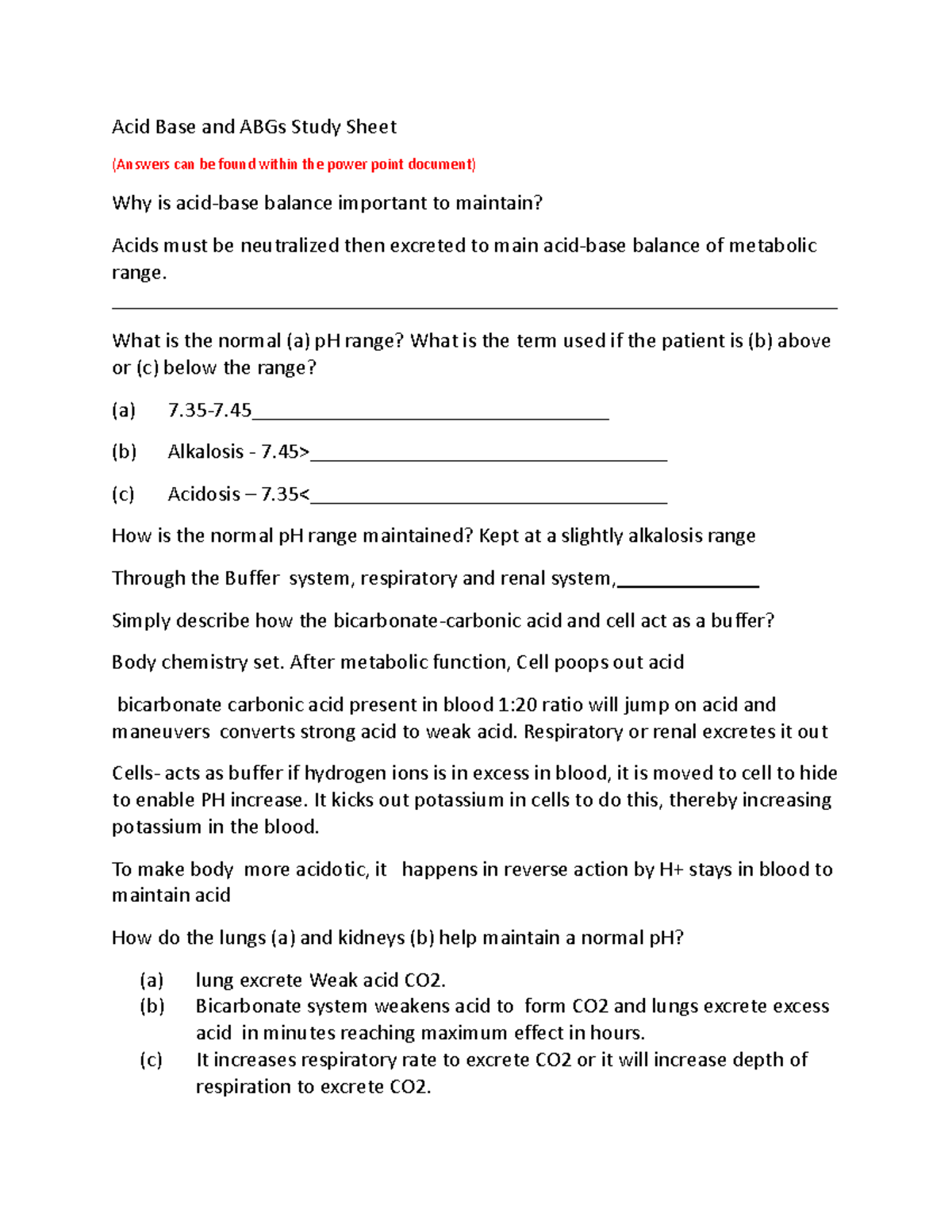 Acid Base and ABGs study sheet 2 - Acid Base and ABGs Study Sheet (Answers can be found within ...