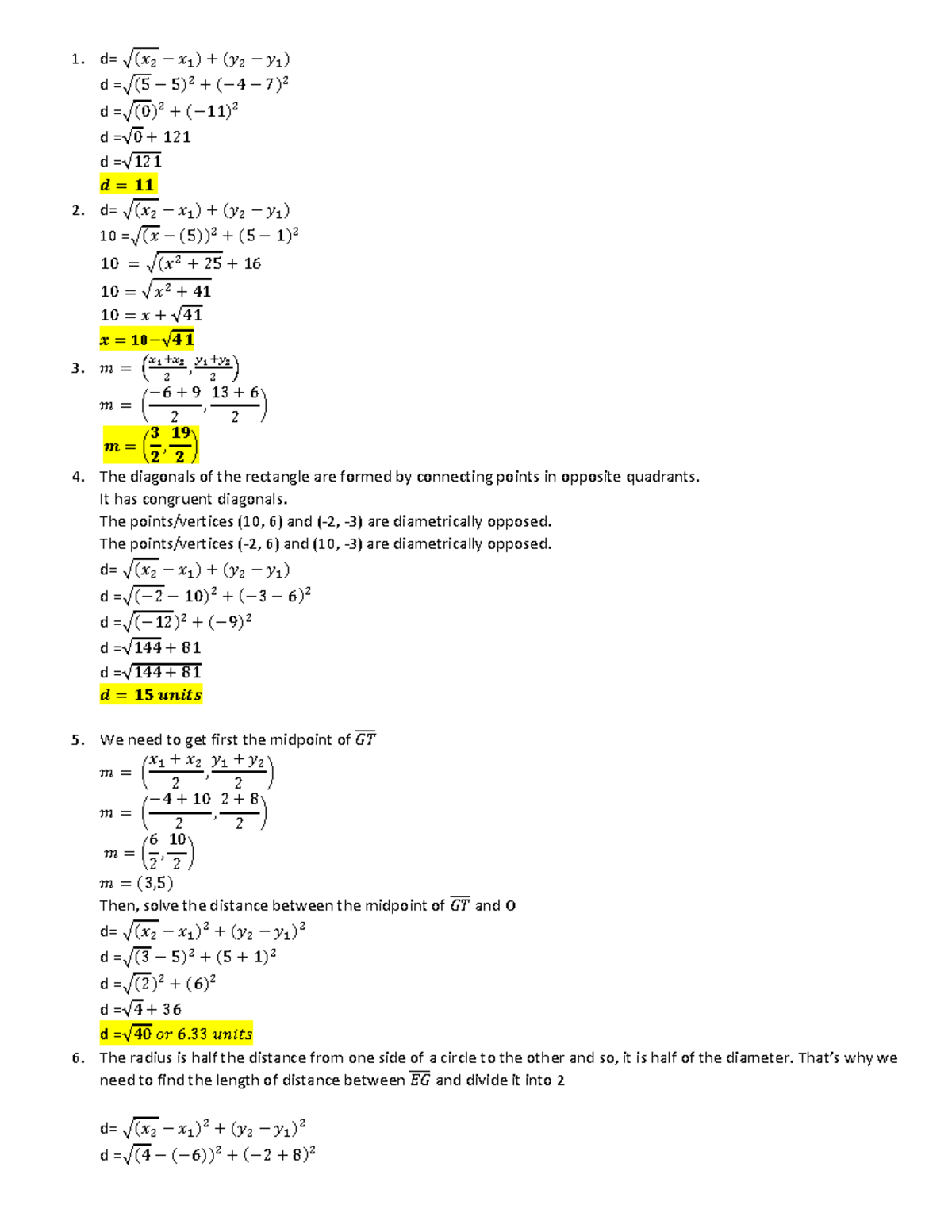JHS Math HW answers - d= √(𝑥 2 − 𝑥 1 ) + (𝑦 2 − 𝑦 1 ) d =√( 5 − 5 ) 2 ...