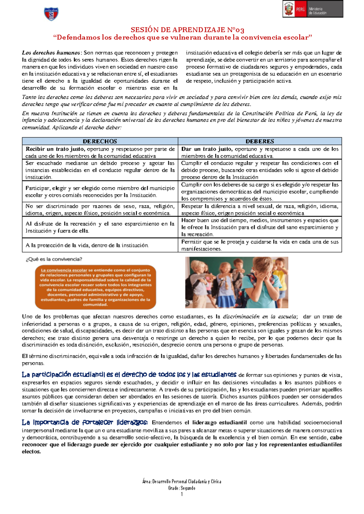 DPCC Sesión 3 Unidad III - Área: Desarrollo Personal Ciudadanía y Cívica Grado: Segundo 1 SESIÓN ...