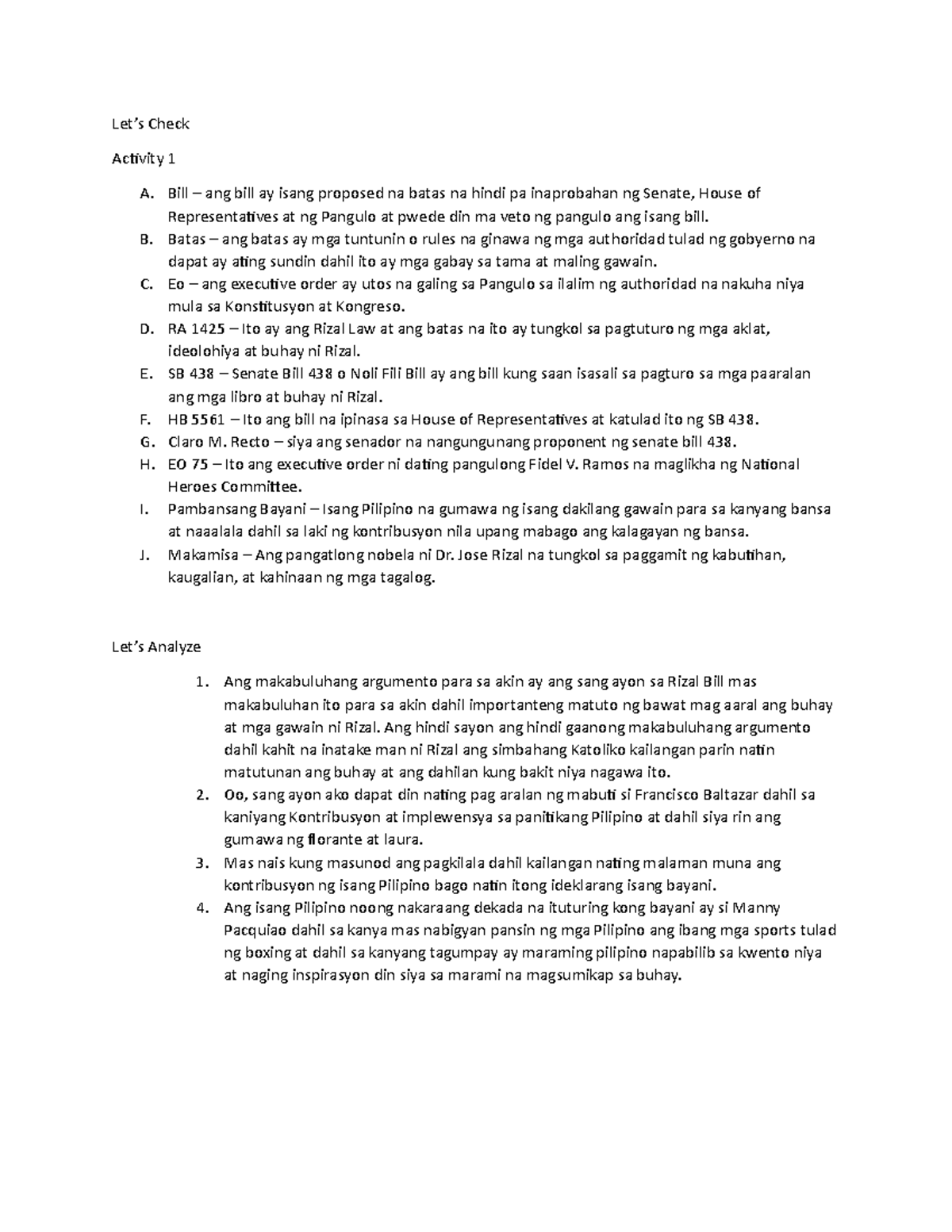 ULO 1 - asas - Let’s Check Activity 1 A. Bill – ang bill ay isang ...