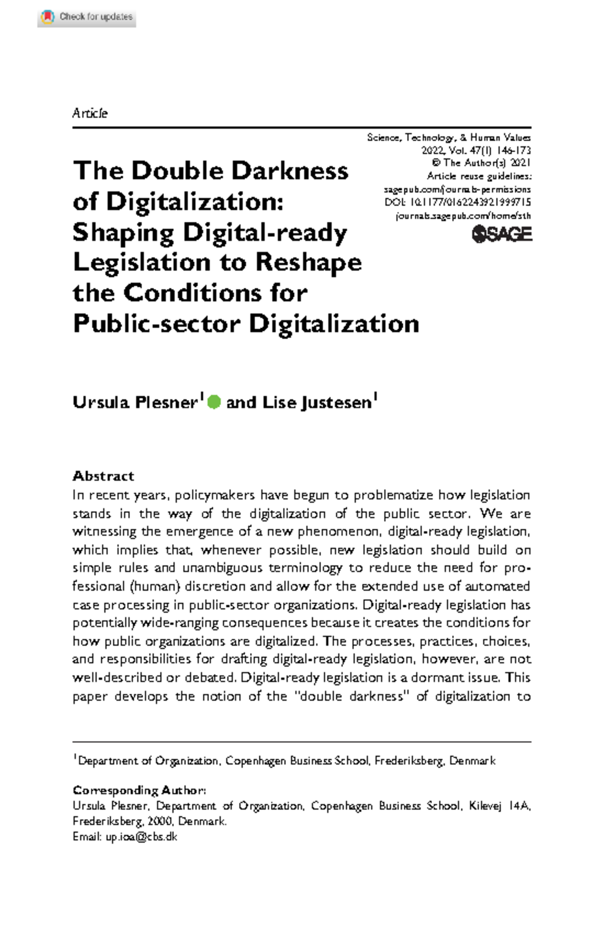 Plesner justesen 2021 the double darkness of digitalization shaping ...