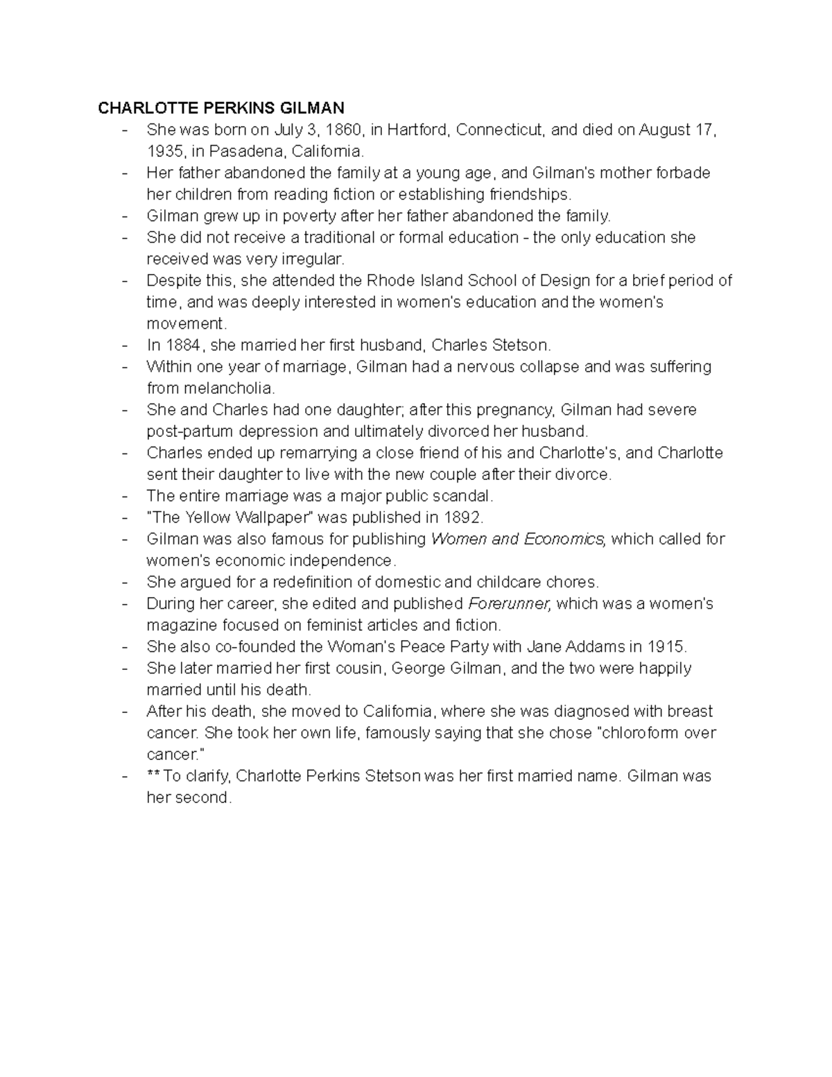 Charlotte- Perkins- Gilman - CHARLOTTE PERKINS GILMAN She was born on ...