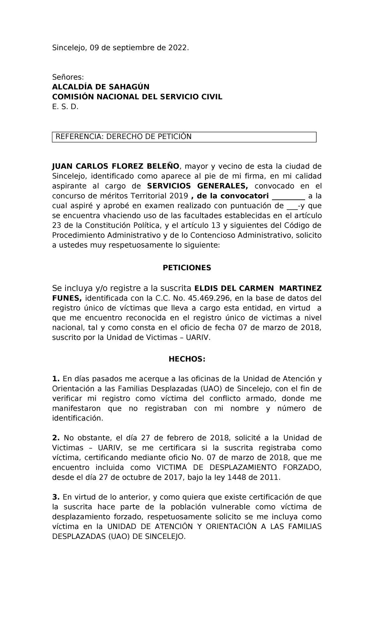 DERECHO DE PETICIÓN DE INTERES PARTICULAR - Sincelejo, 09 de septiembre ...