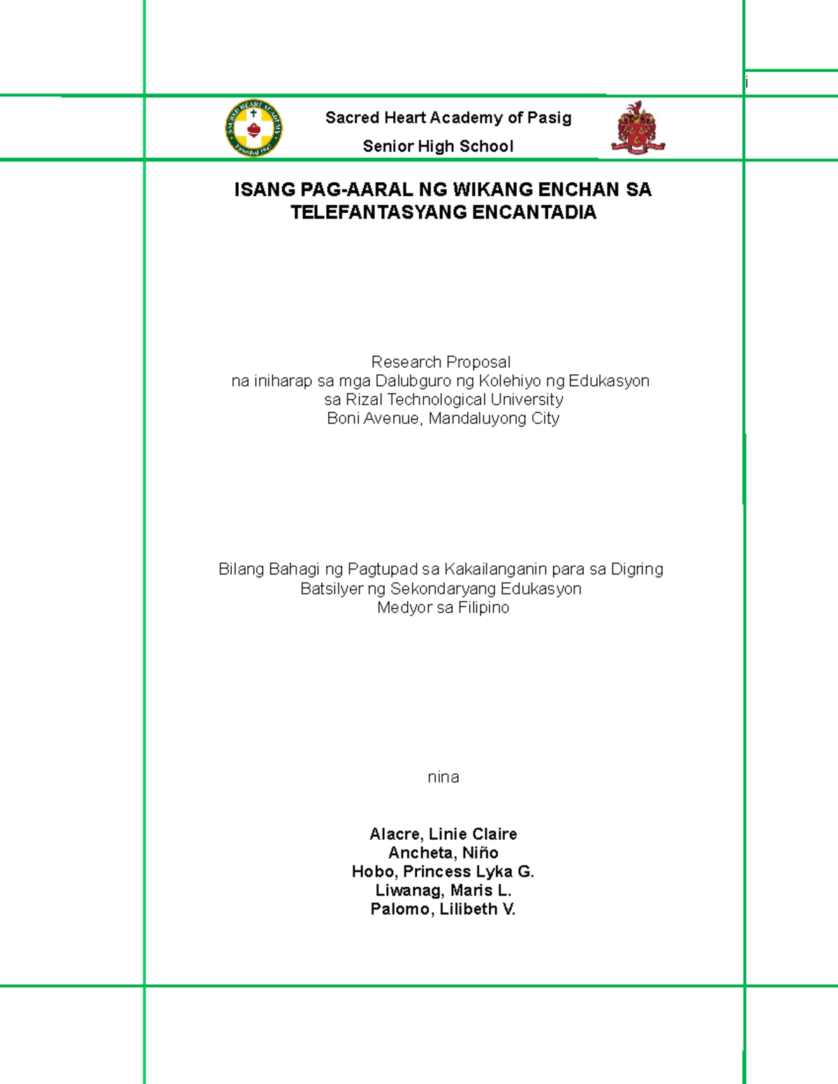 Research proposal - Para sa pananaliksik sa Filipino - i Sacred Heart ...