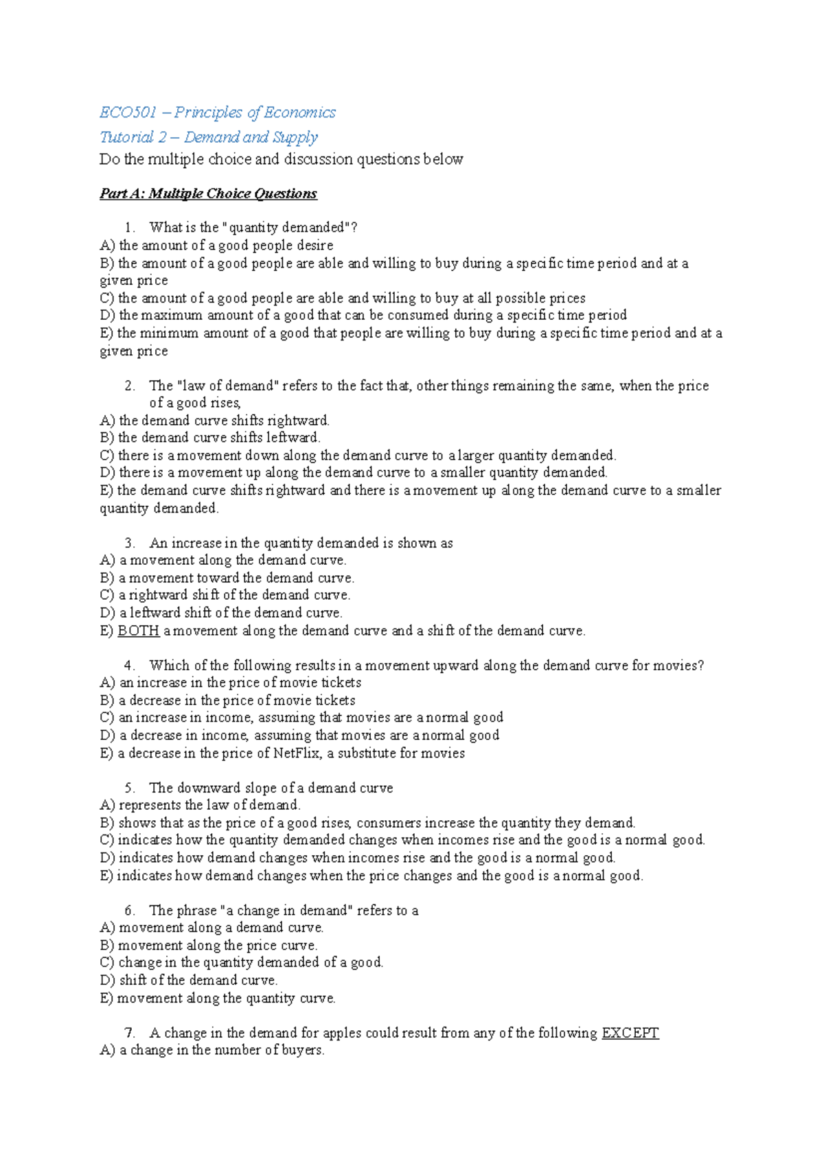 Tutorial 2 Questions - ECO501 – Principles of Economics Tutorial 2 ...