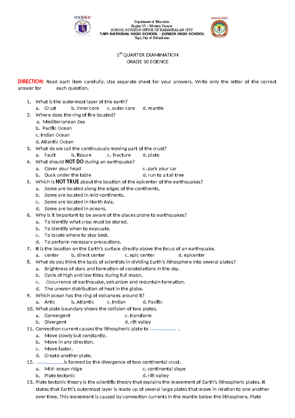 Grade 10 1ST HOTS - examination - Department of Education Region VI ...