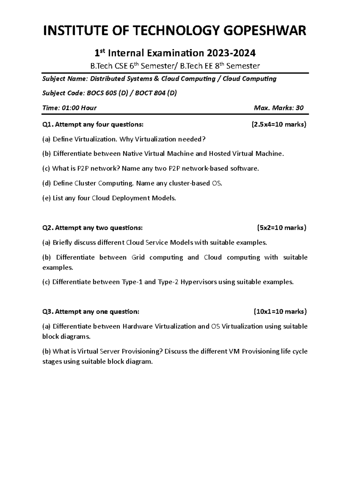 Cloud Computing-MTE-1 - INSTITUTE OF TECHNOLOGY GOPESHWAR 1 st Internal Examination 2023- 2024 B ...