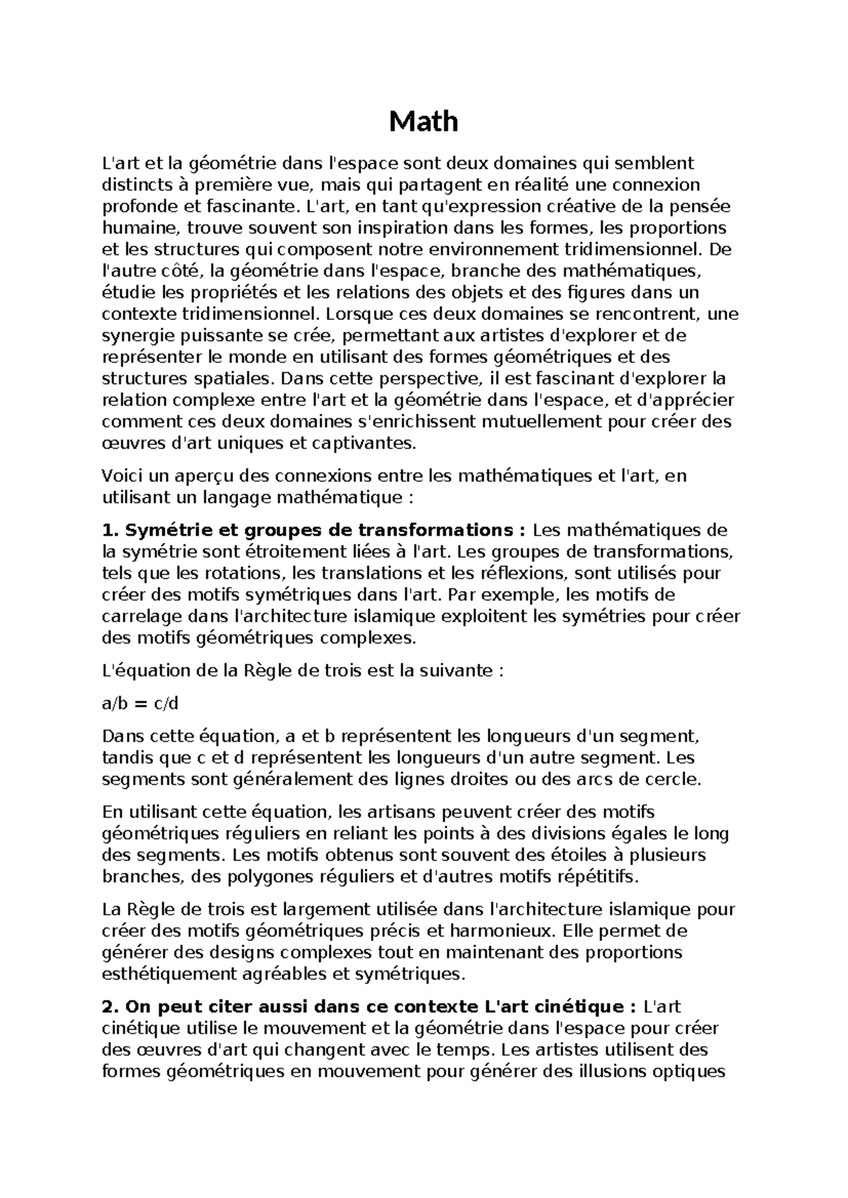 Grand-oral - bvcvhjkl - Math L'art et la géométrie dans l'espace sont ...