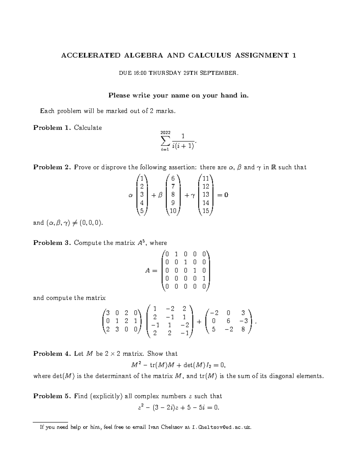 Hw1 - Assignment 1 with solution - ACCELERATED ALGEBRA AND CALCULUS ...