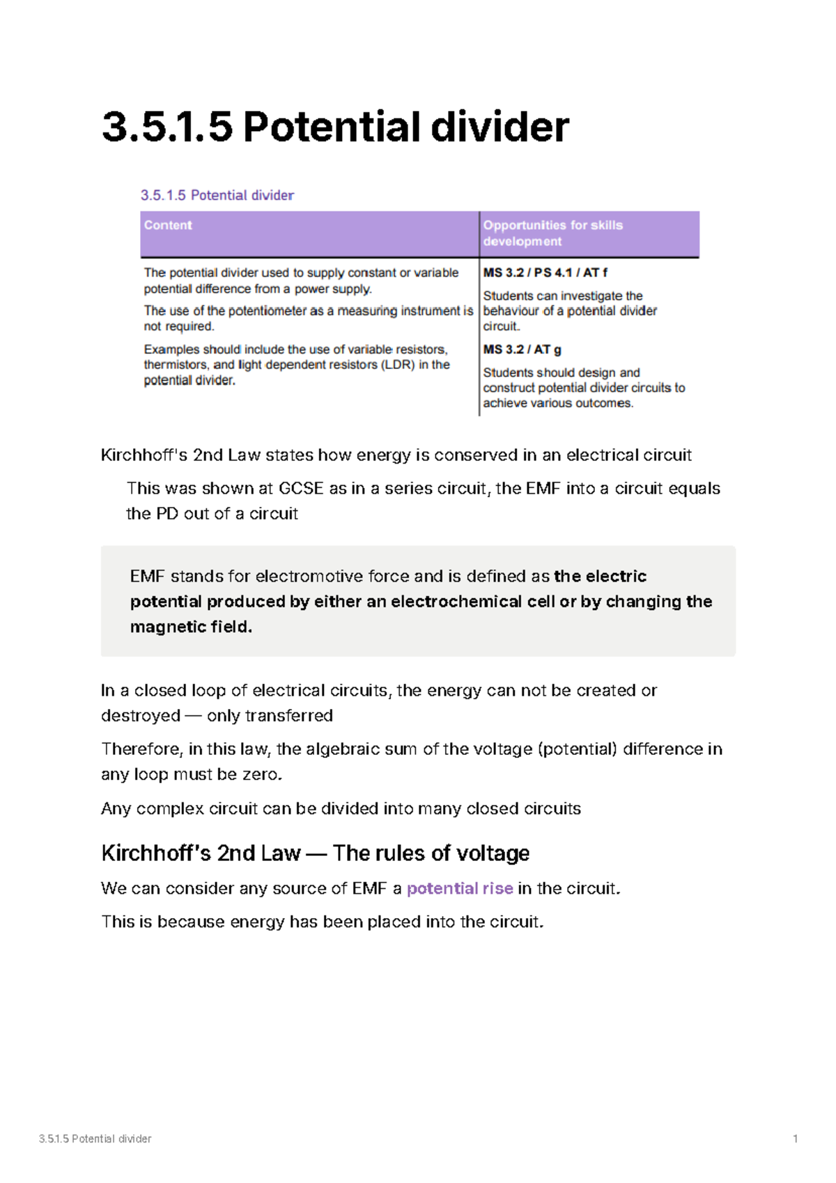 3.5.1.5 Potential dividers - 3.5.1 Potential divider 1 3.5.1 Potential ...