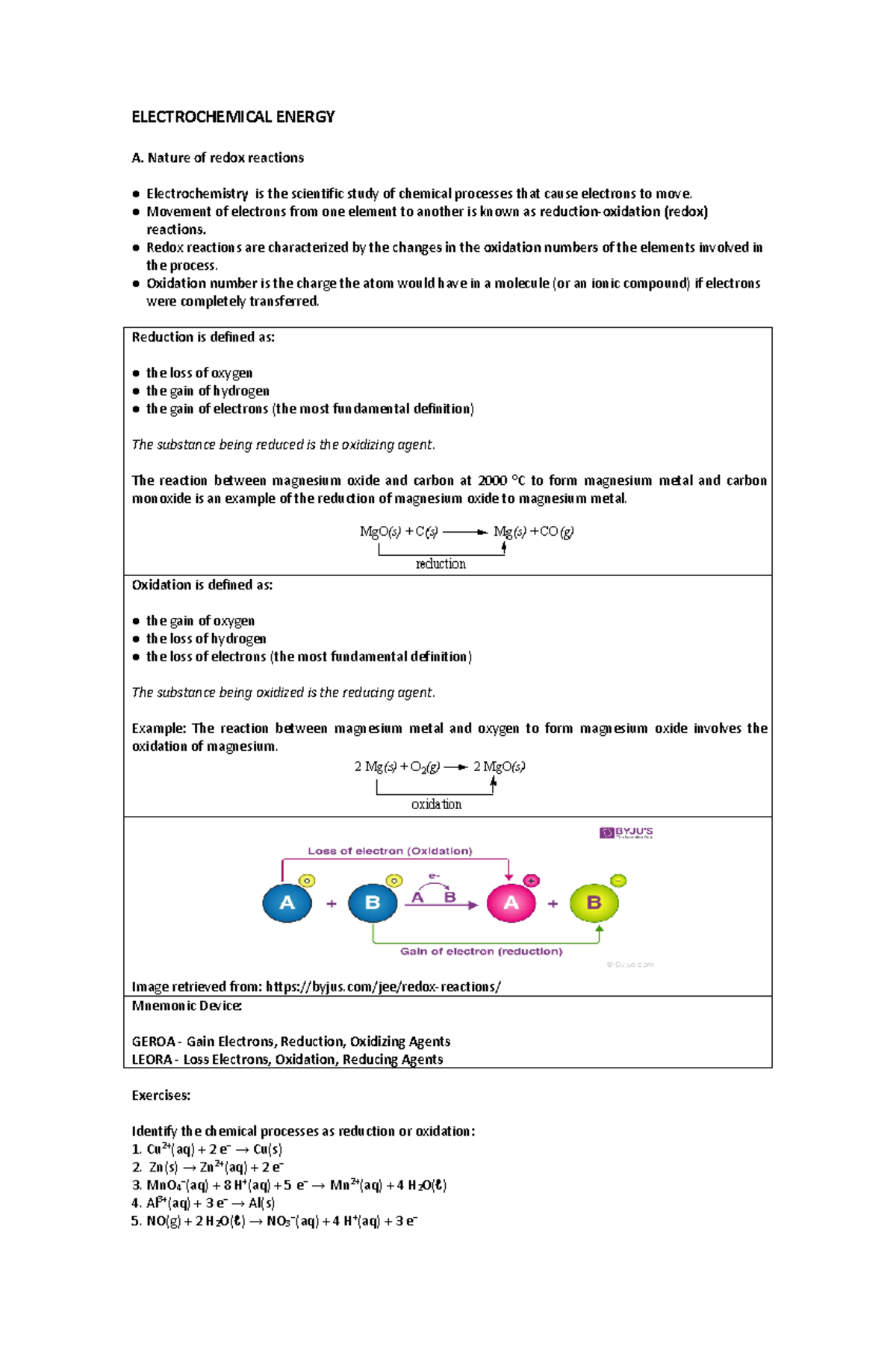 CHEM114 Electrochem Study Guide - ELECTROCHEMICAL ENERGY A. Nature of ...