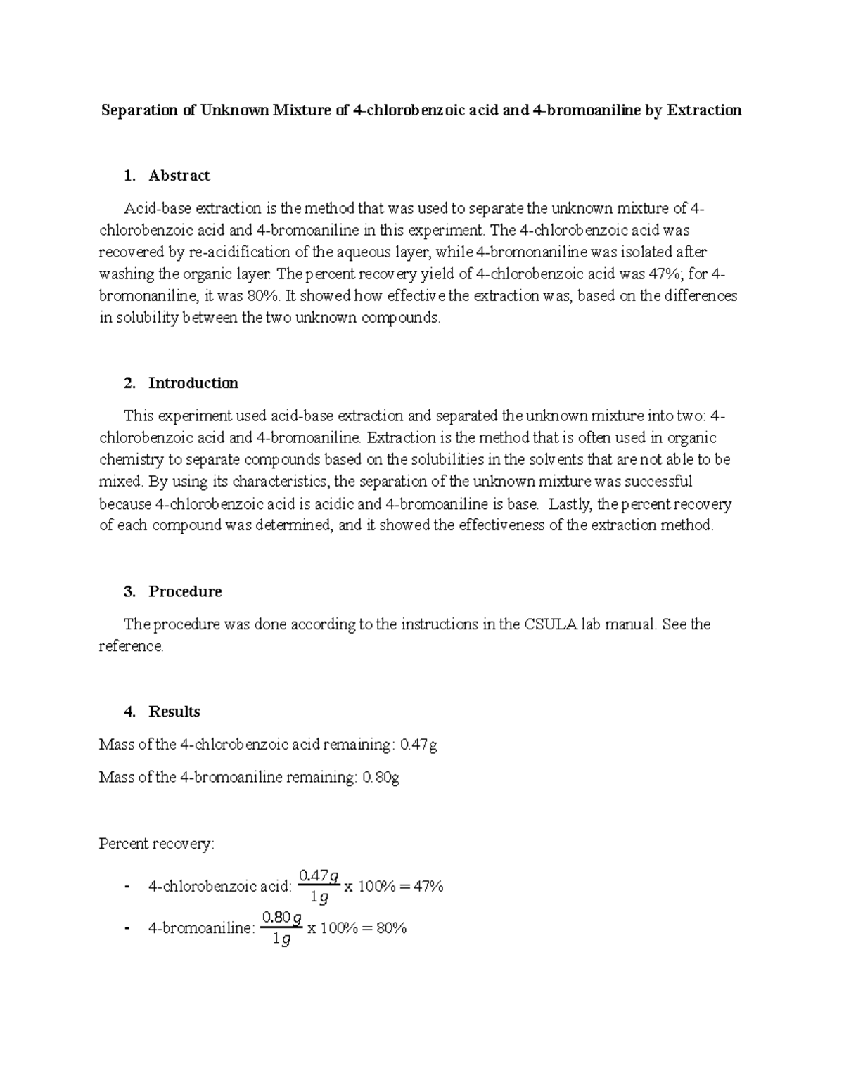 Separation of Unknown Mixture of 4-chlorobenzoic acid and 4-bromoaniline by Extraction ...