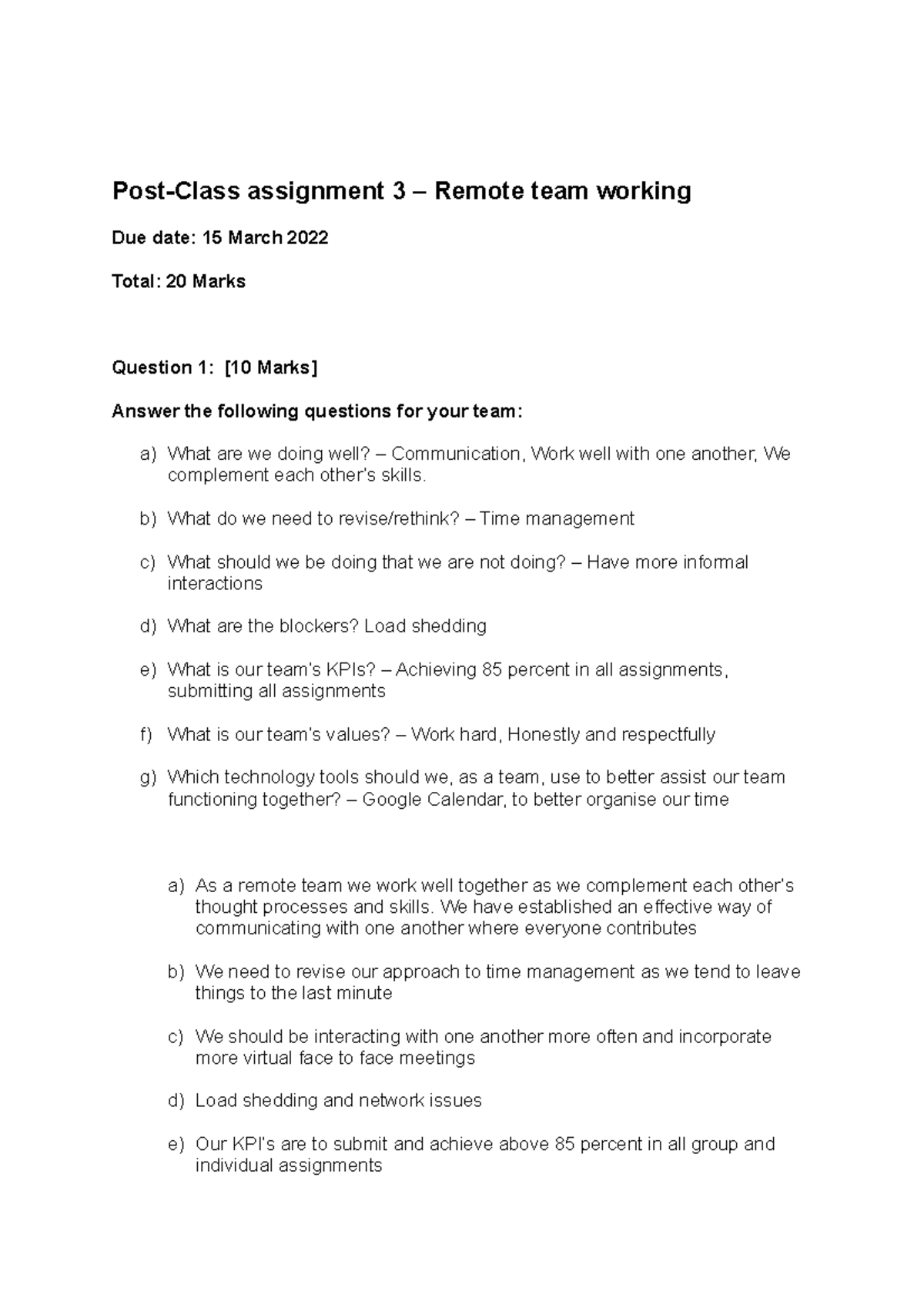 Post Class Assignment Activity Post Class Assignment 3 Remote Team Working Due Date 15