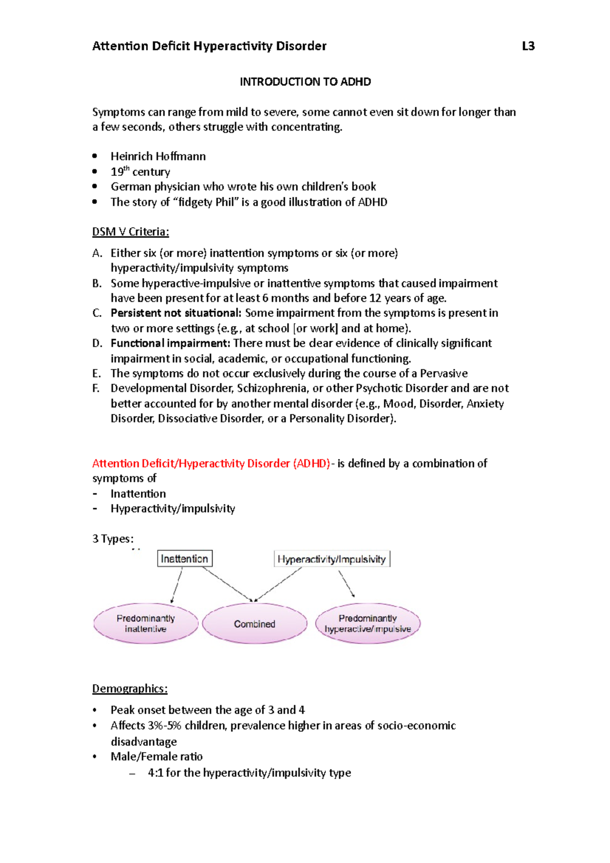 UDD L3 - Lecture notes 3 - INTRODUCTION TO ADHD Symptoms can range from ...