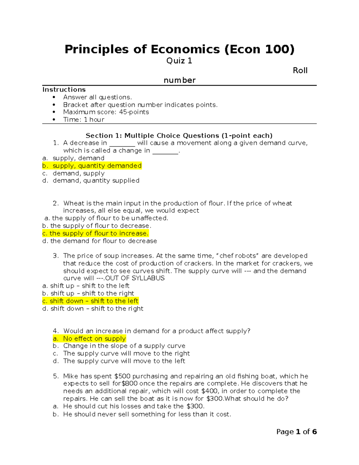 Q1 Spring 2024 set a Key - first 4 chapters - Principles of Economics ...