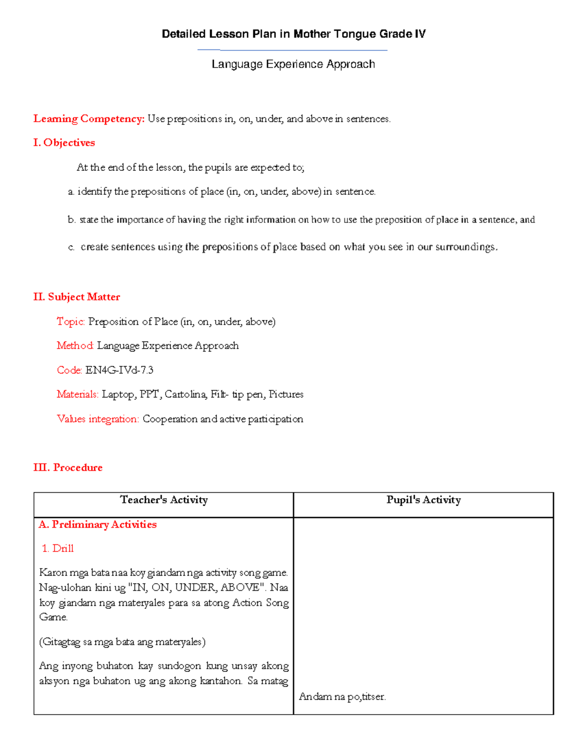 EED 14 Revise Lplea - Detailed Lesson Plan in Mother Tongue Grade IV ...