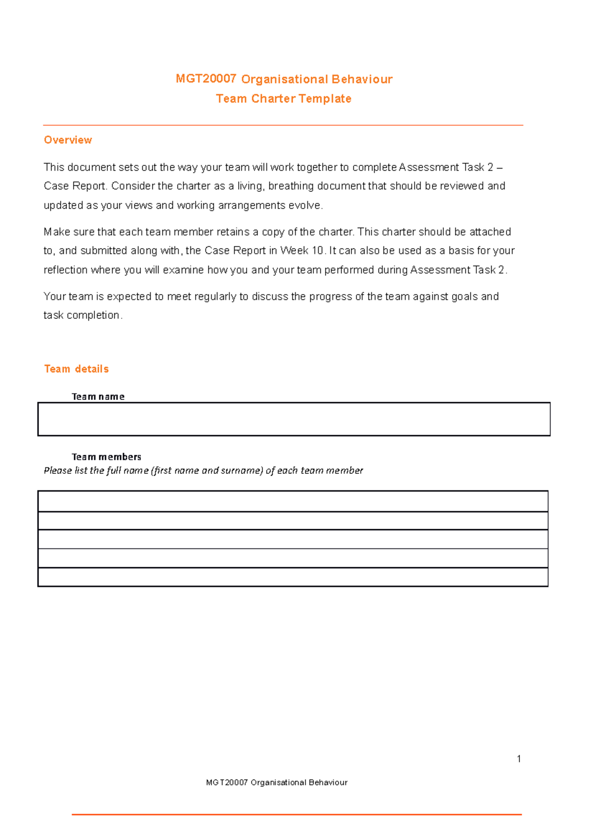 MGT2000 7 Assessment Task 2 Team Charter - MGT20007 Organisational ...