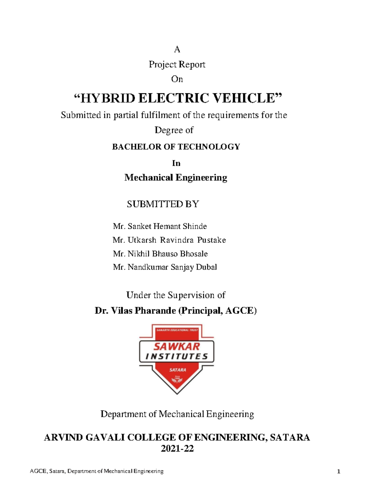 Final Hybrid electric vehicle Project 8 - A Project Report On “HYBRID ...
