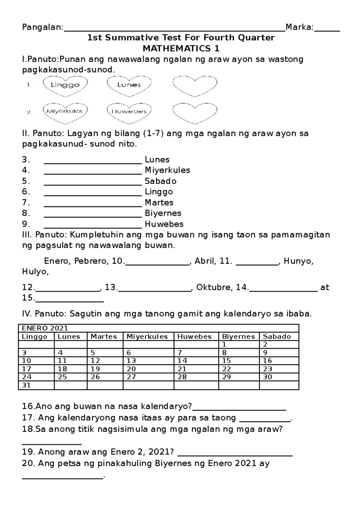 Mathematics - Summative Test 1 & 2 - for the Third Quarter - Weeks1-4 ...