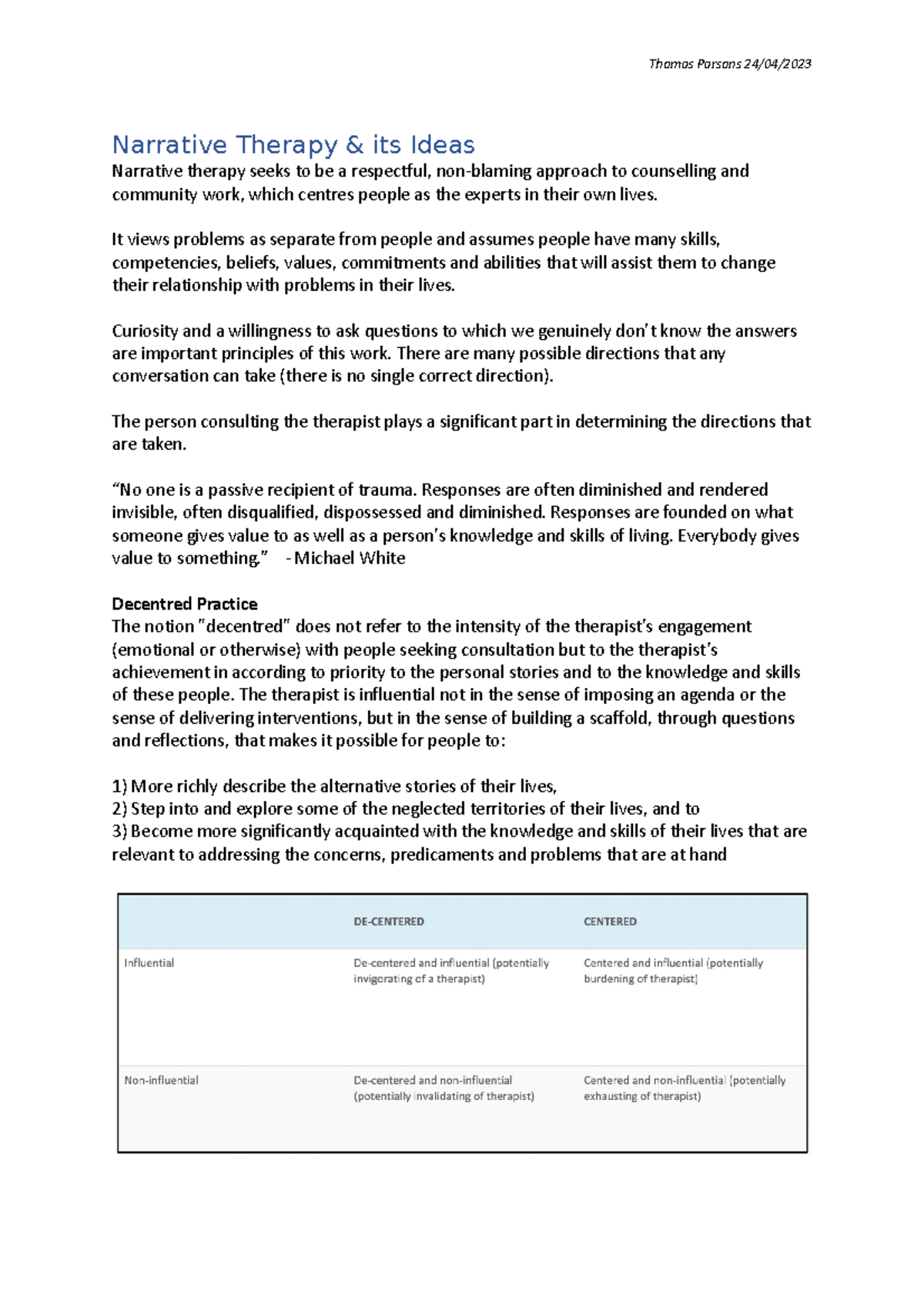 8. Narrative Therapy - week 8 notes - Thomas Parsons 24/04/ Narrative ...