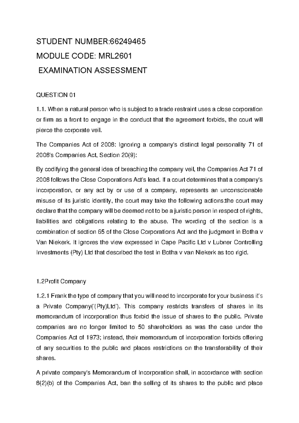 MRL2601 EXAM - Summary Insolvency Law - STUDENT NUMBER: MODULE CODE ...