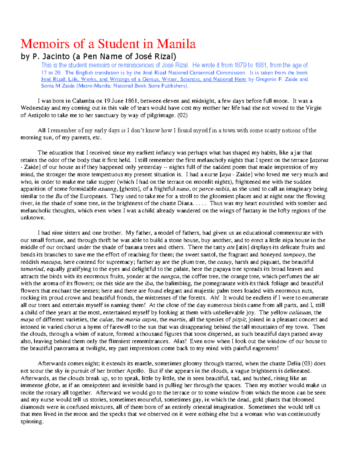 Memoirs of a Student in Manila - Jacinto (a Pen Name of José Rizal ...