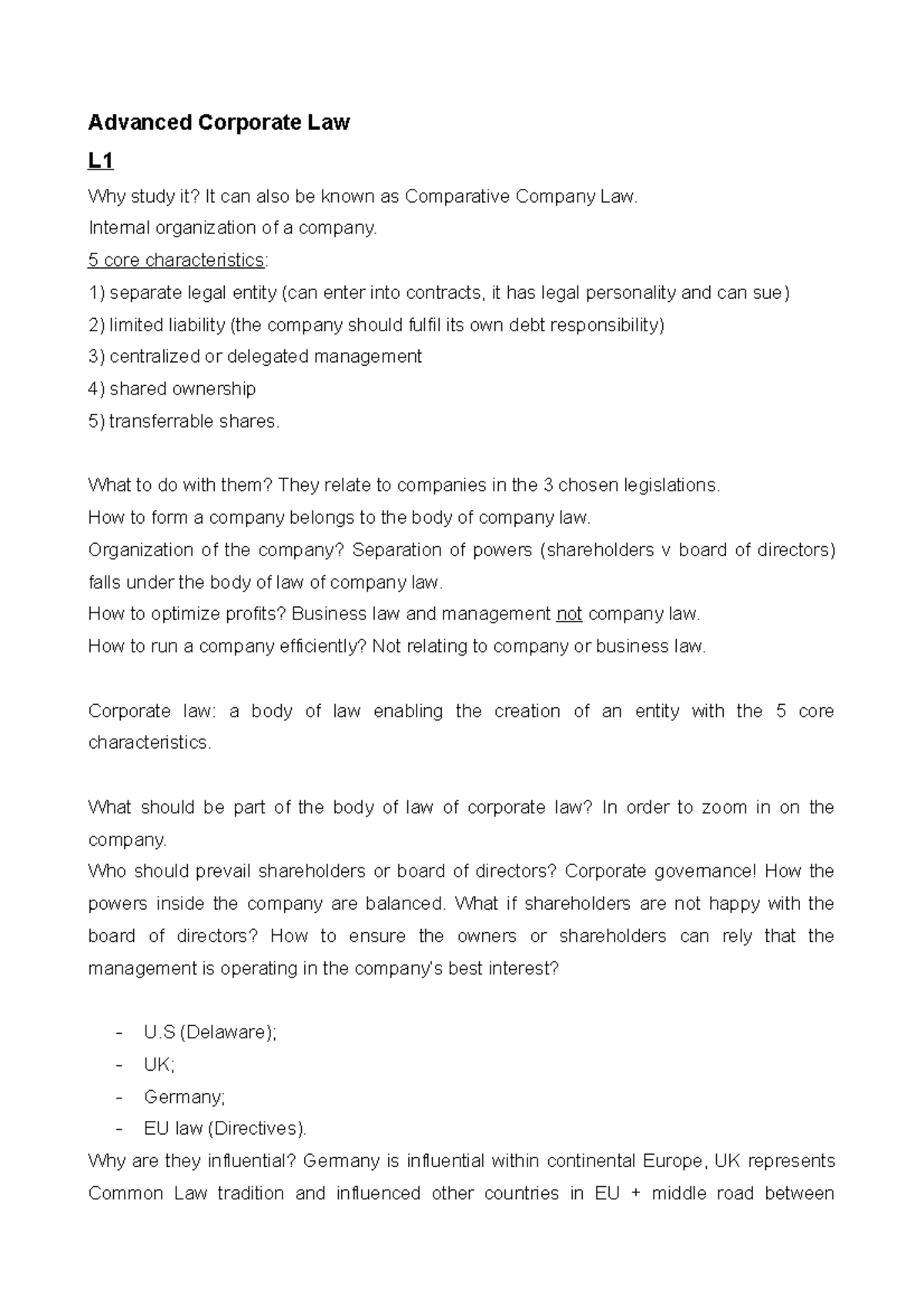 Advanced Corporate Law lecture notes overview - Advanced Corporate Law ...